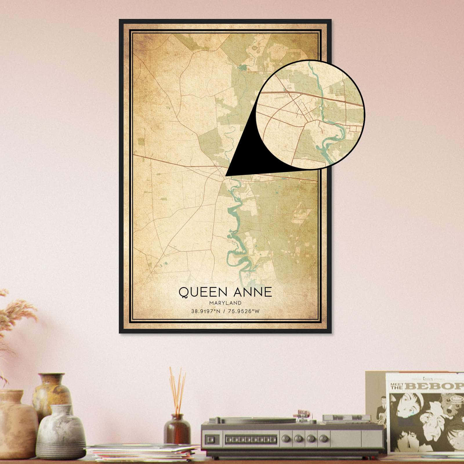 Vintage Queen Anne Maryland Map Poster, Queen Anne MD City Road Wall ...