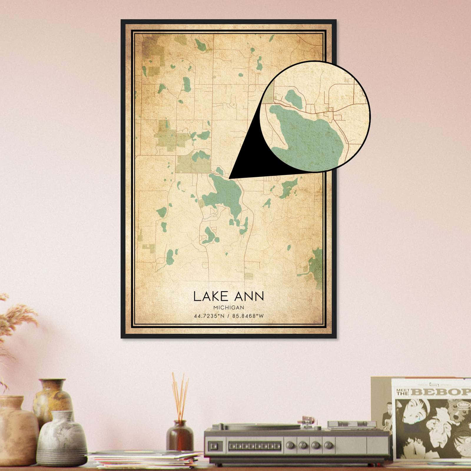 Vintage Lake Ann Michigan Map Poster, Lake Ann MI City Road Wall Art ...