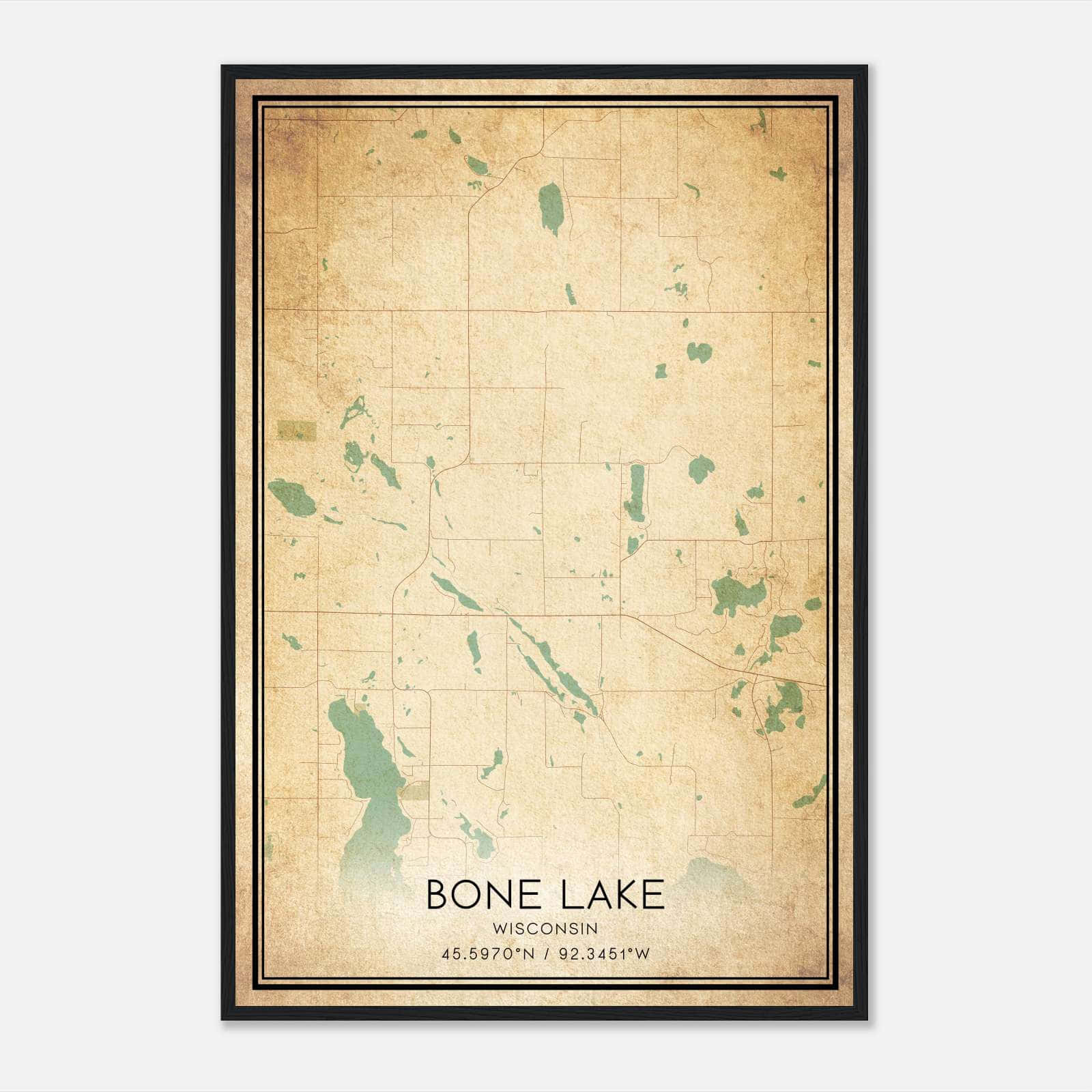 Vintage Bone Lake Wisconsin Map Poster, Bone Lake WI City Road Wall Art ...