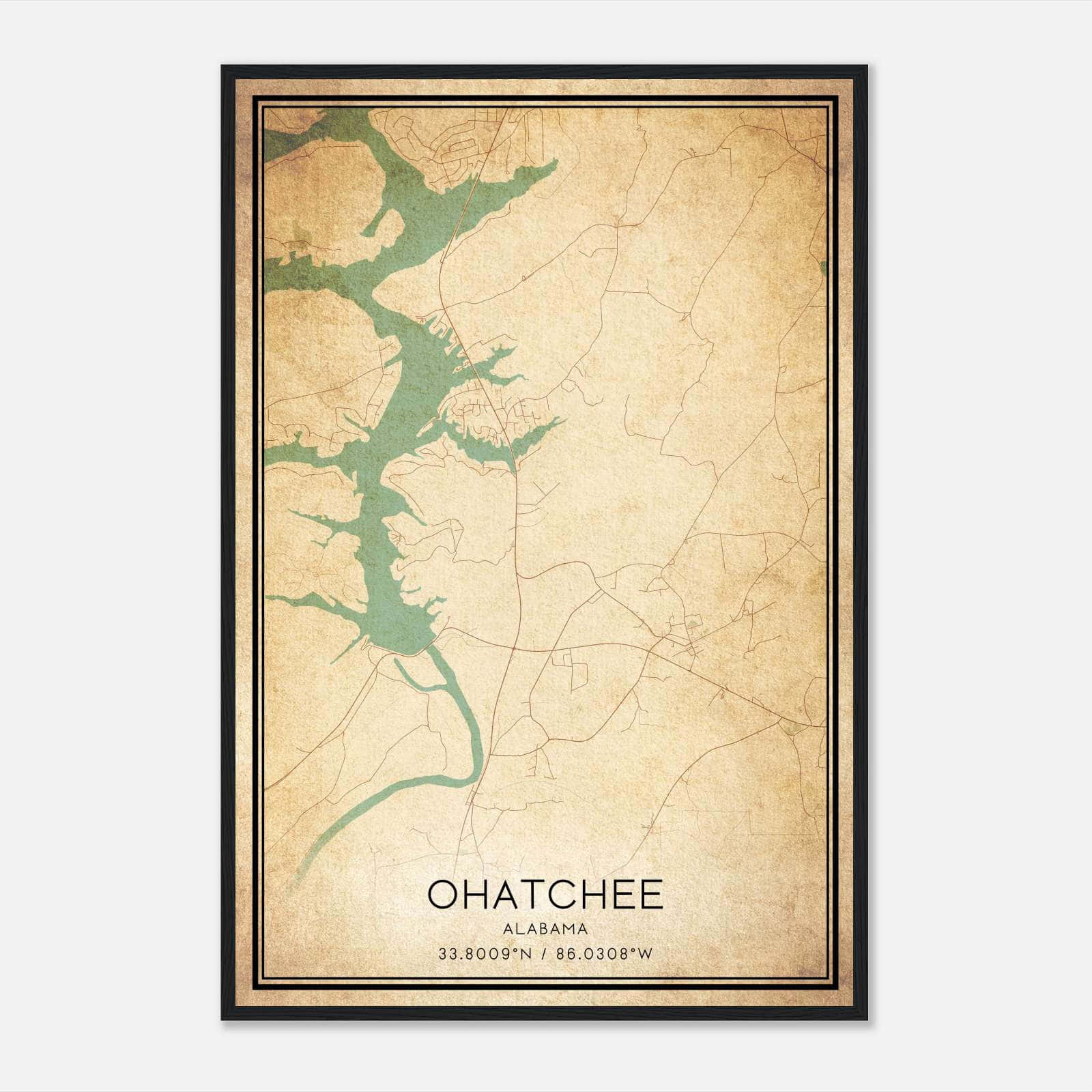 Vintage Ohatchee Alabama Map Poster, Ohatchee AL City Road Wall Art ...