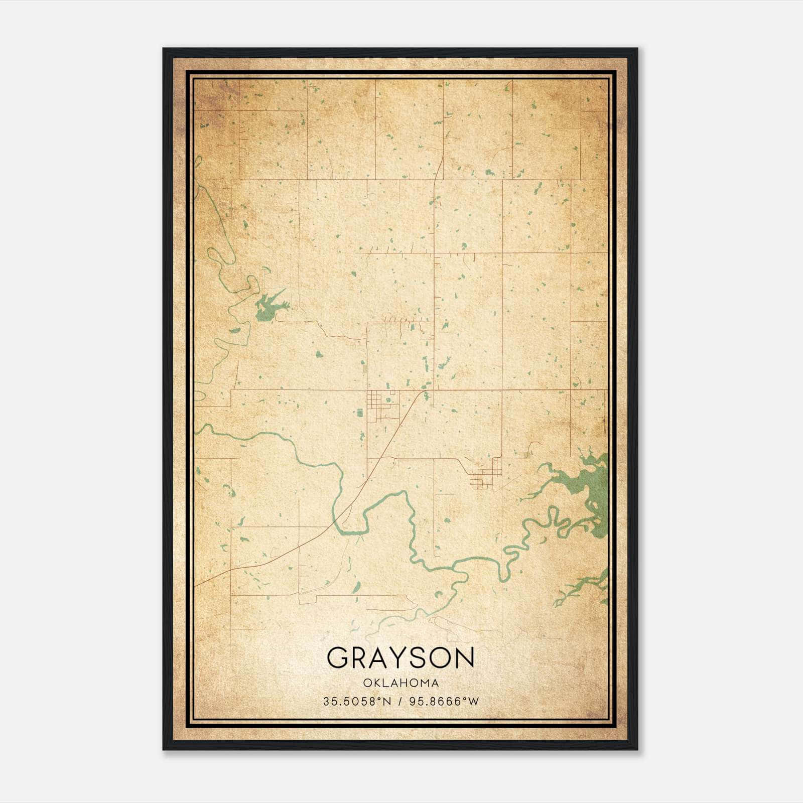 Vintage Grayson Oklahoma Map Poster, Grayson OK City Road Wall Art ...