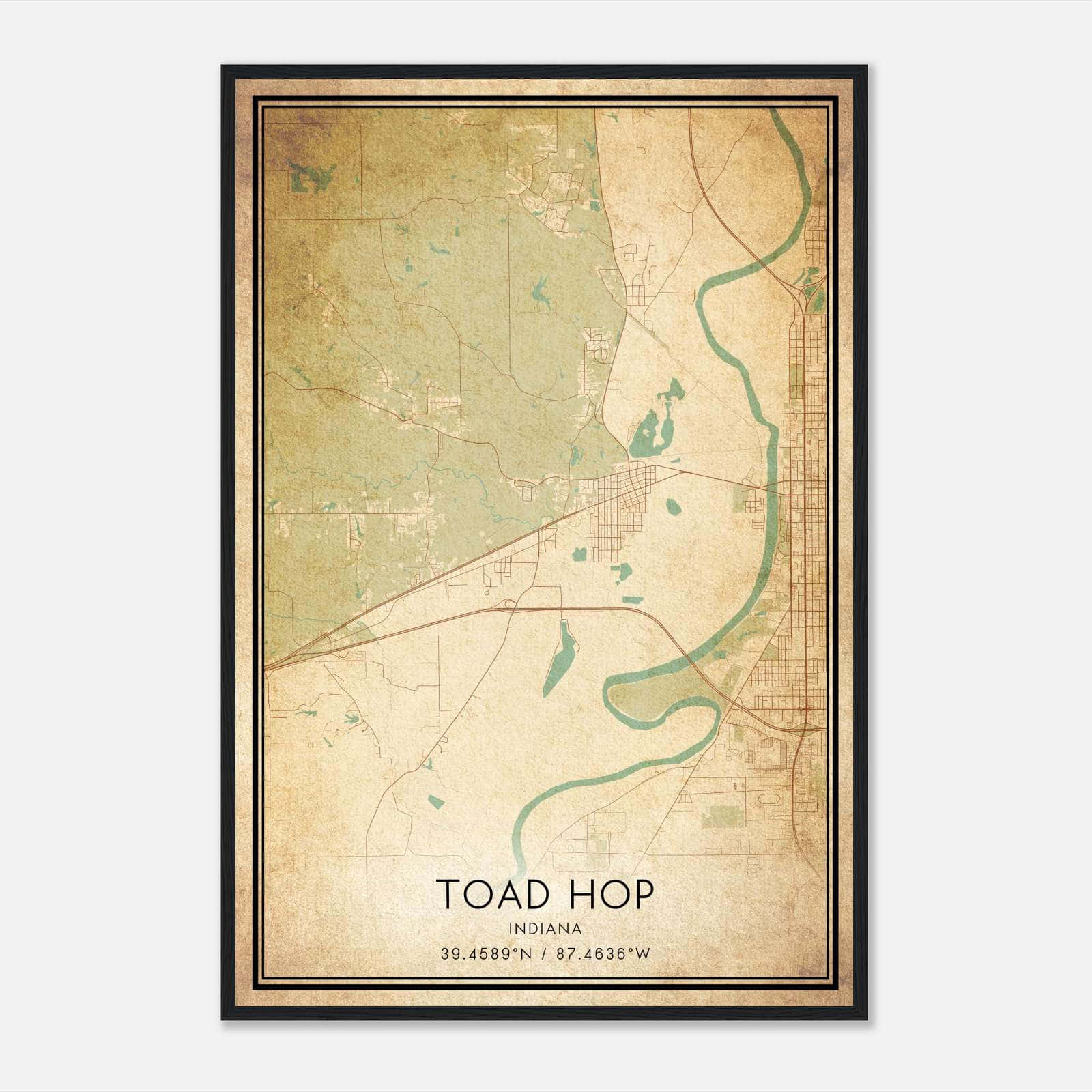 Vintage Toad Hop Indiana Map Poster, Toad Hop IN City Road Wall Art ...