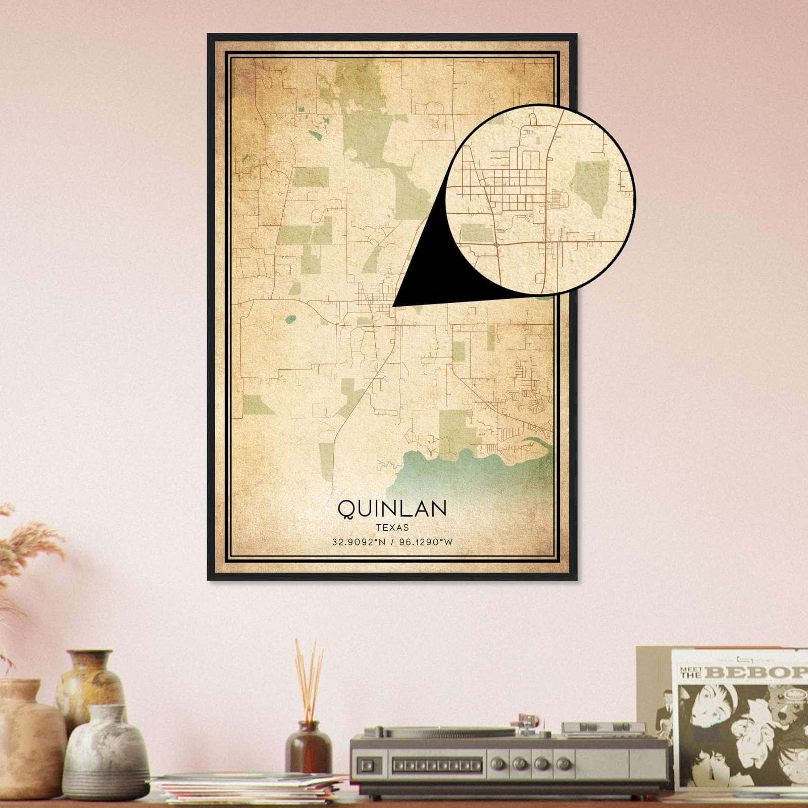 Vintage Quinlan Texas Map Poster, Quinlan TX City Road Wall Art Print ...
