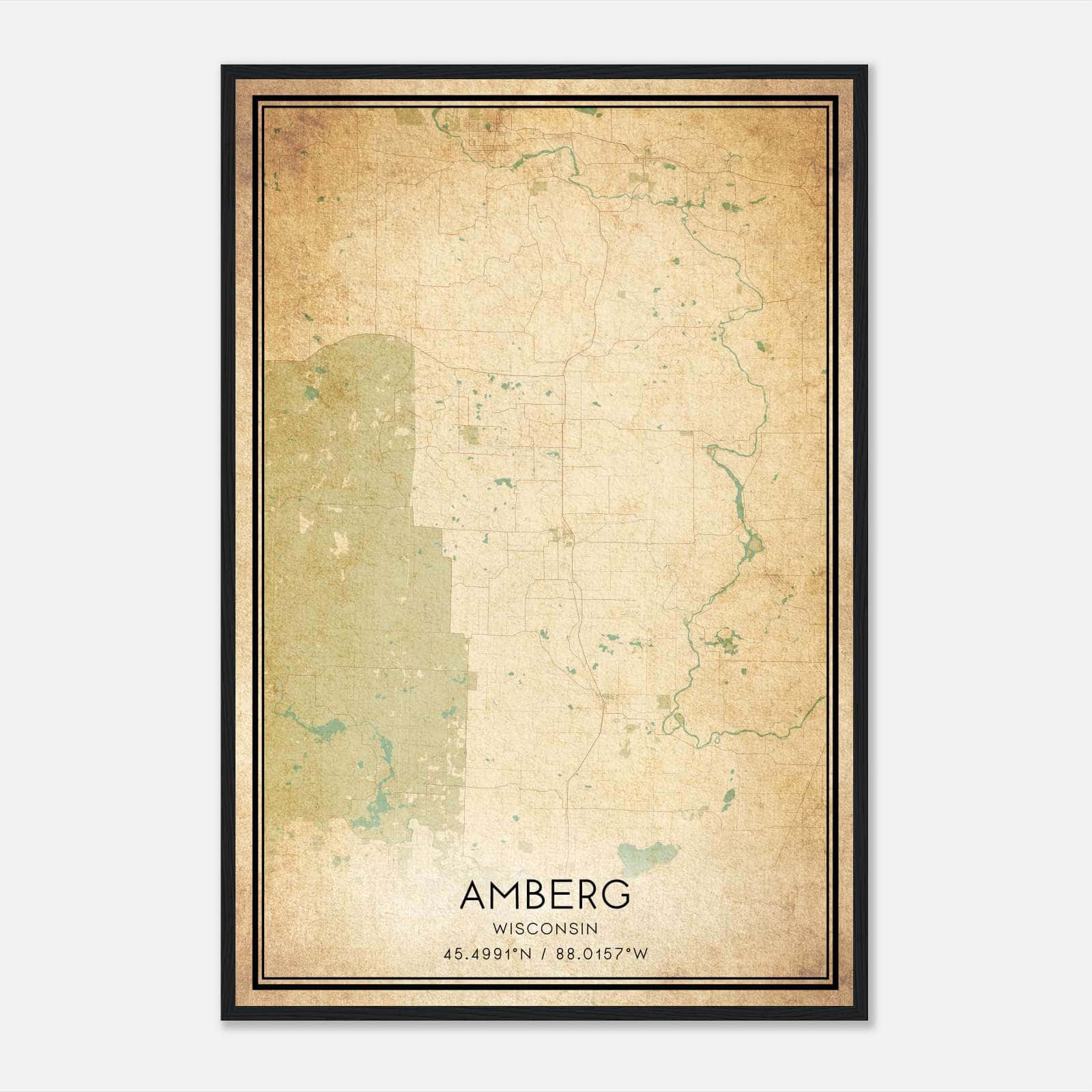 Vintage Amberg Wisconsin Map Poster, Amberg WI City Road Wall Art Print ...