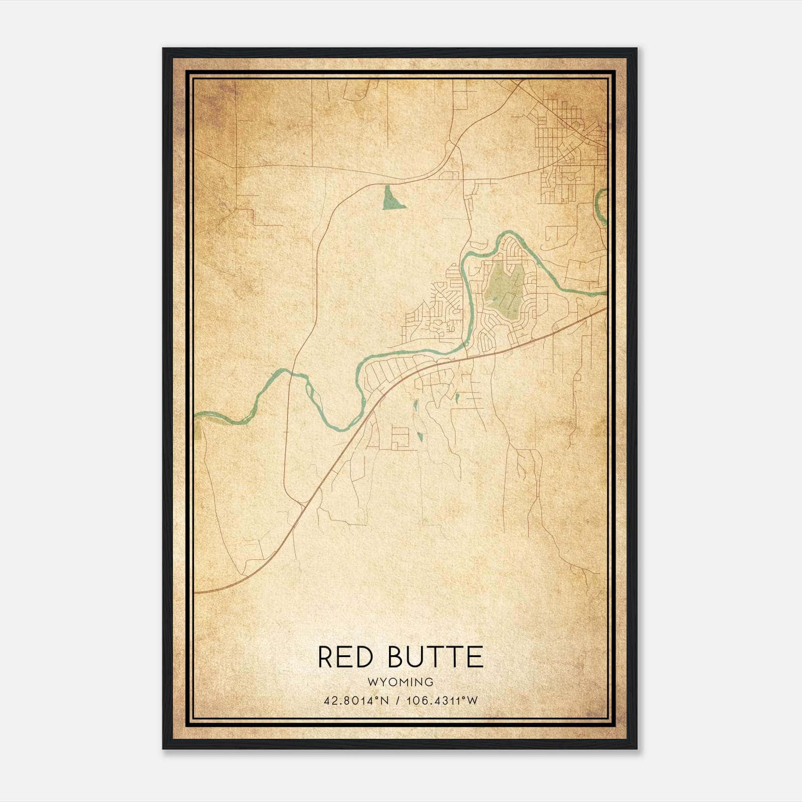 Vintage Red Butte Wyoming Map Poster, Red Butte WY City Road Wall Art ...
