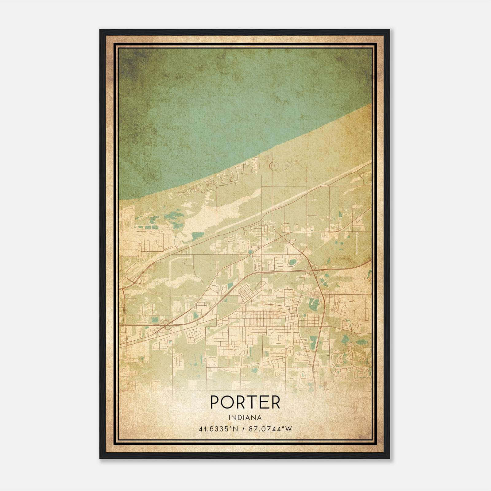 Vintage Porter Indiana Map Poster, Porter IN City Road Wall Art Print ...