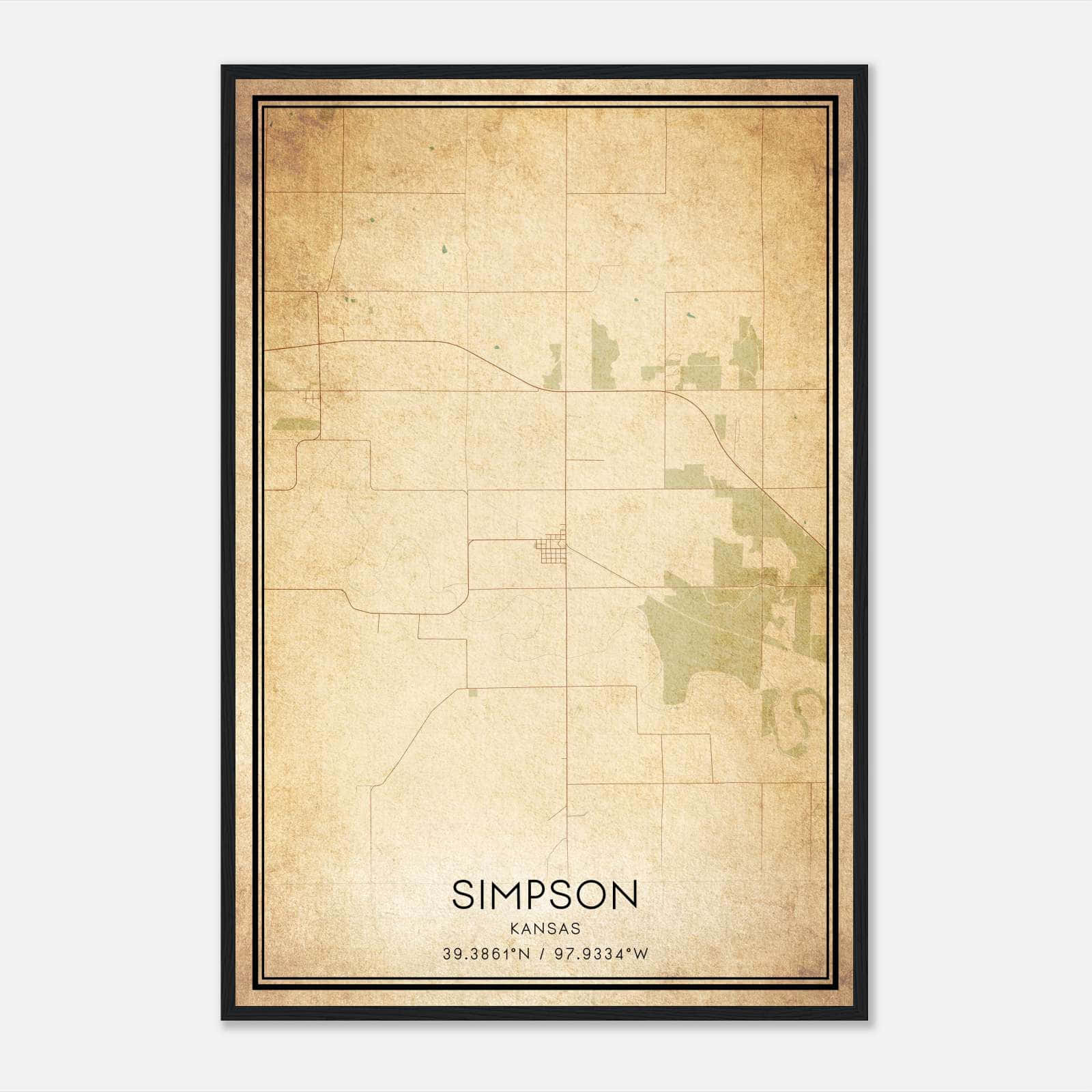 Vintage Simpson Kansas Map Poster, Simpson KS City Road Wall Art Print ...