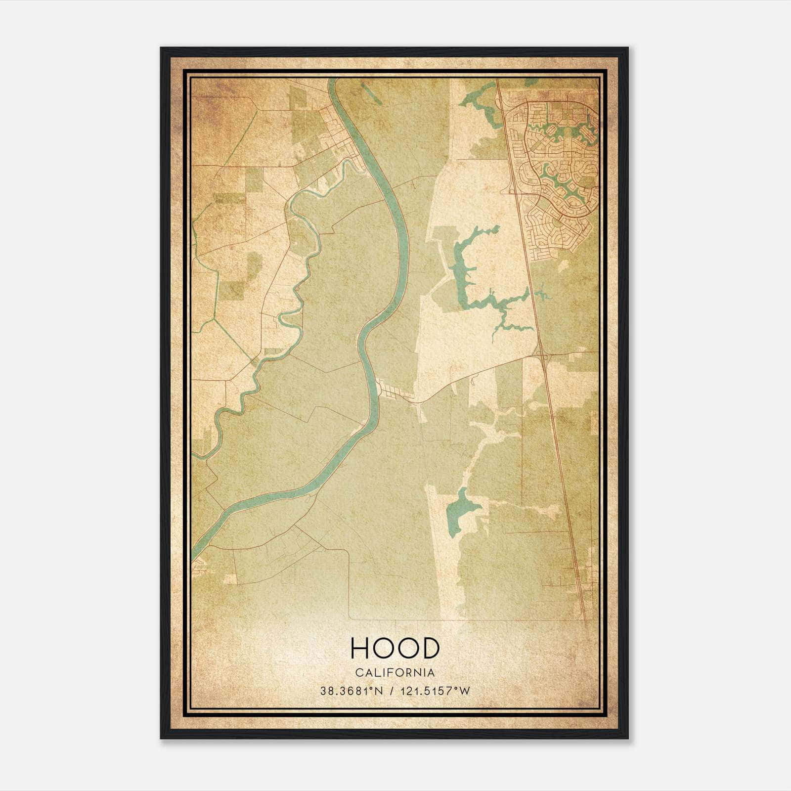 Vintage Hood California Map Poster, Hood CA City Road Wall Art Print ...
