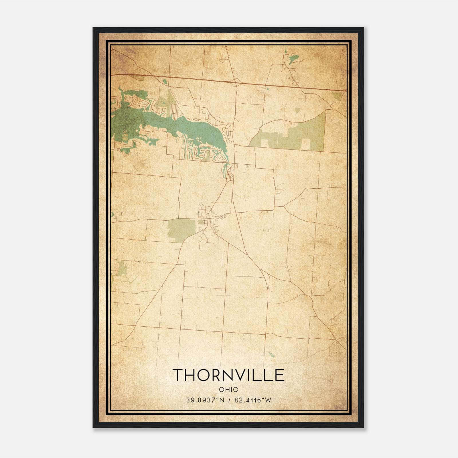 Vintage Thornville Ohio Map Poster, Thornville OH City Road Wall Art Print - Custom Maps & Posters