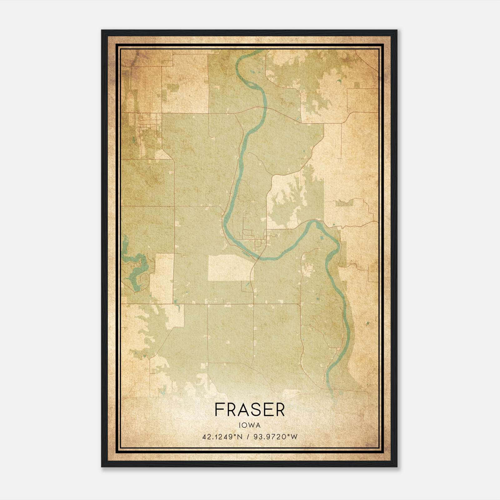 Vintage Fraser Iowa Map Poster, Fraser IA City Road Wall Art Print ...