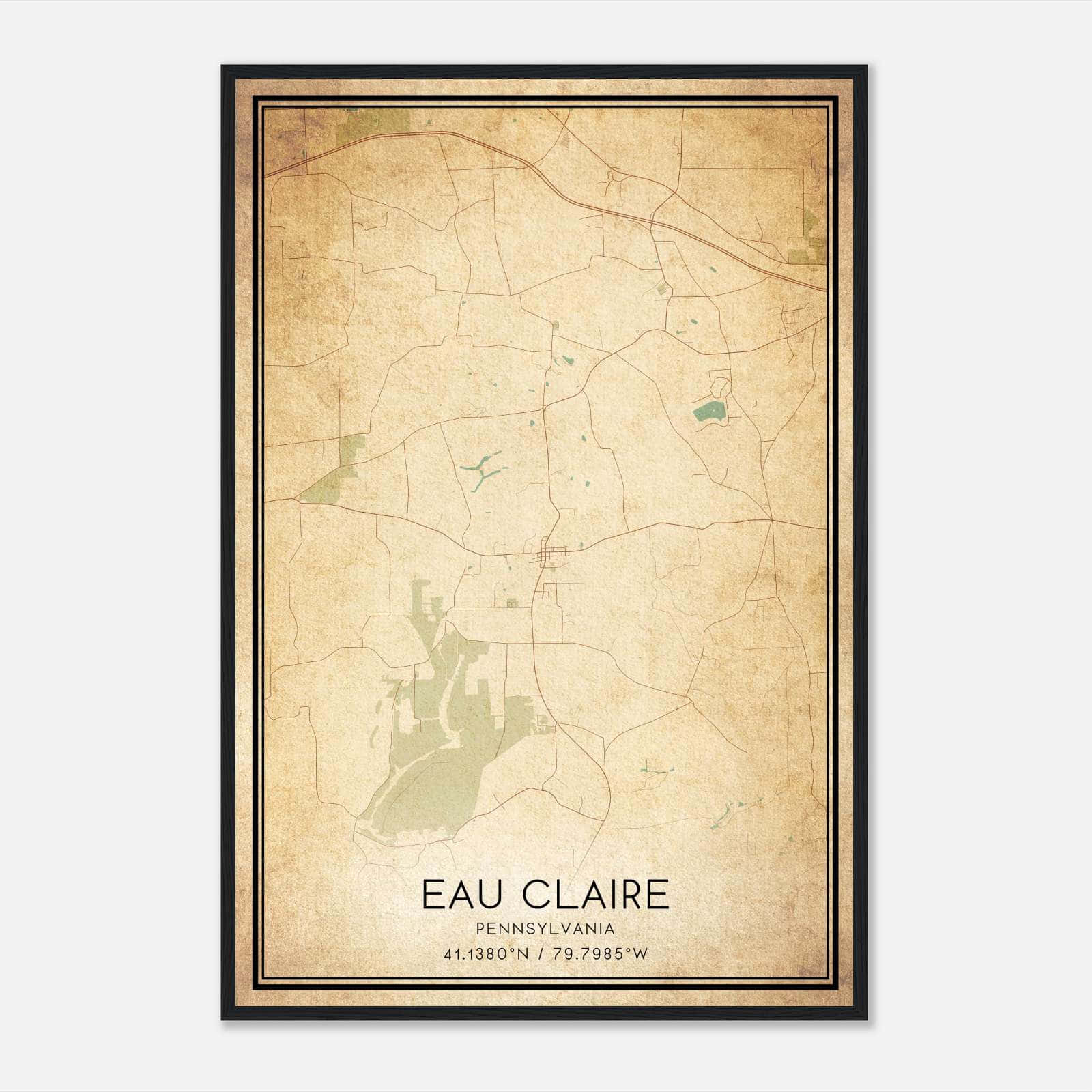Vintage Eau Claire Pennsylvania Map Poster, Eau Claire PA City Road ...