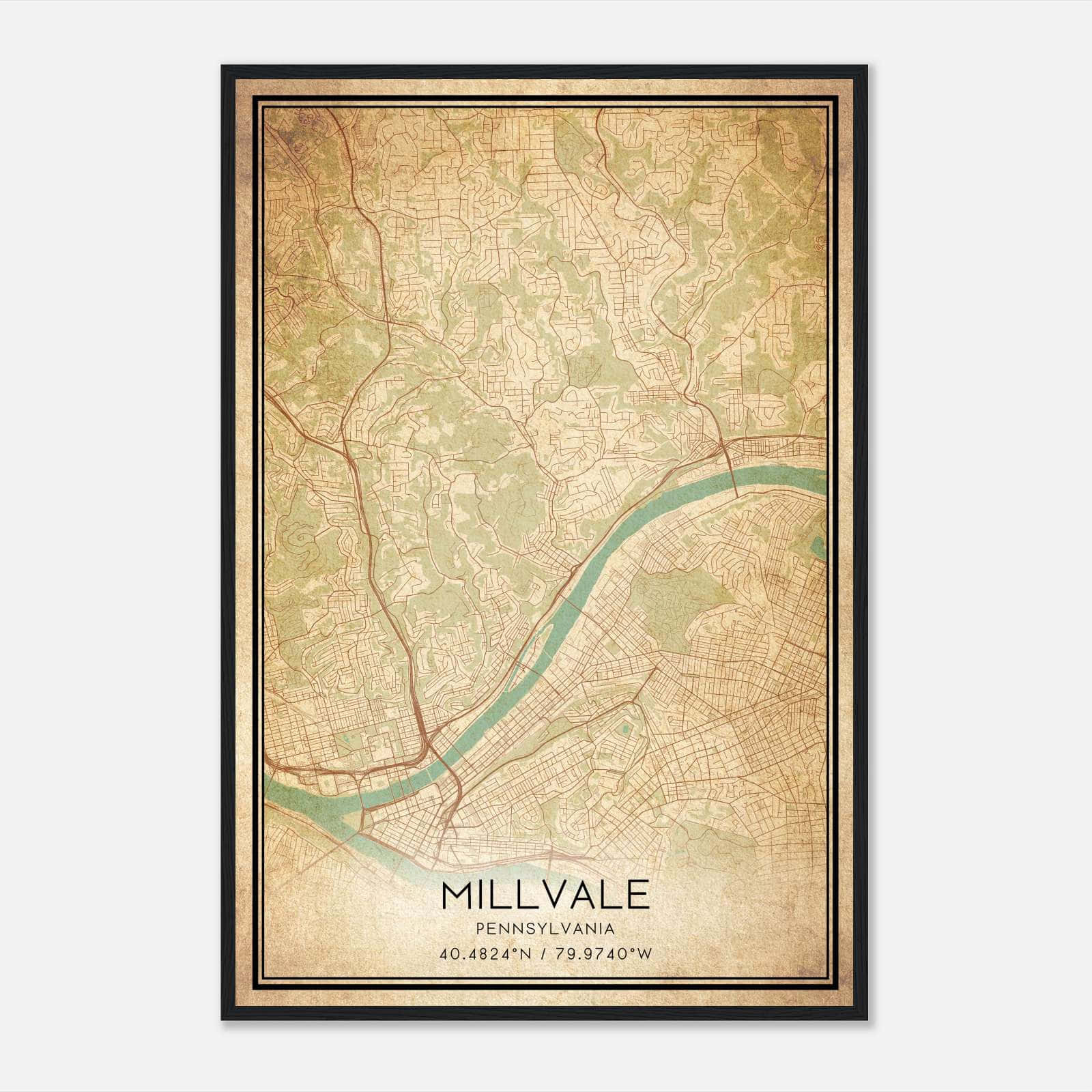 Vintage Millvale Pennsylvania Map Poster, Millvale PA City Road Wall ...