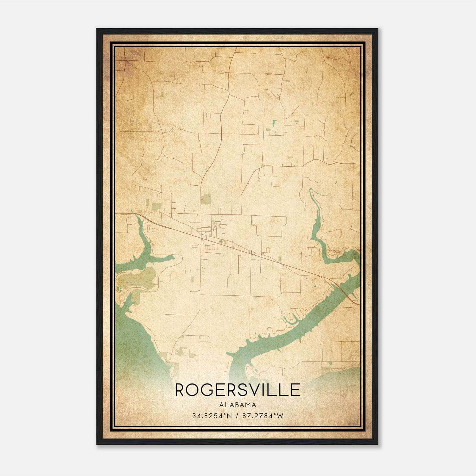 Vintage Rogersville Alabama Map Poster, Rogersville AL City Road Wall ...