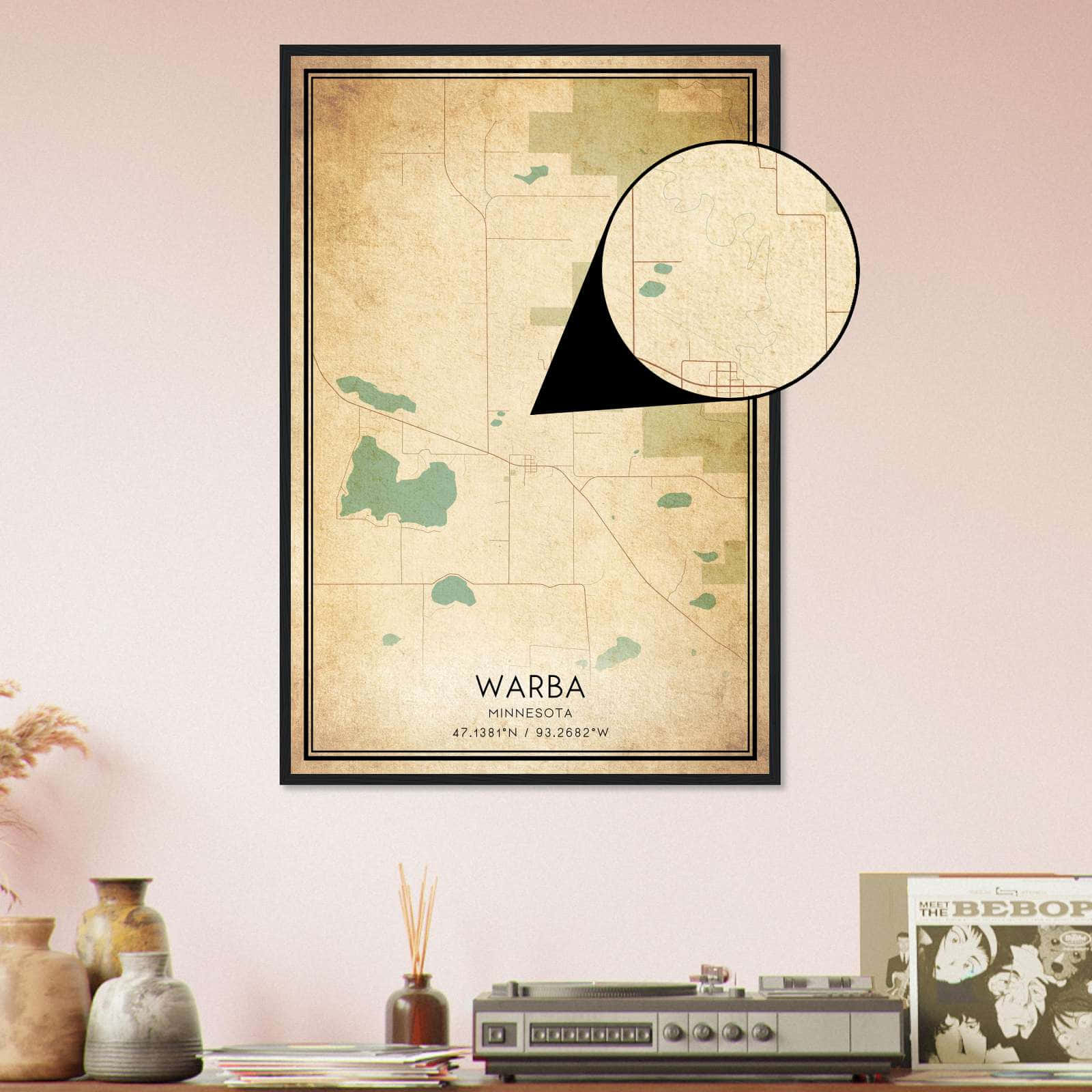 Vintage Warba Minnesota Map Poster, Warba MN City Road Wall Art Print ...