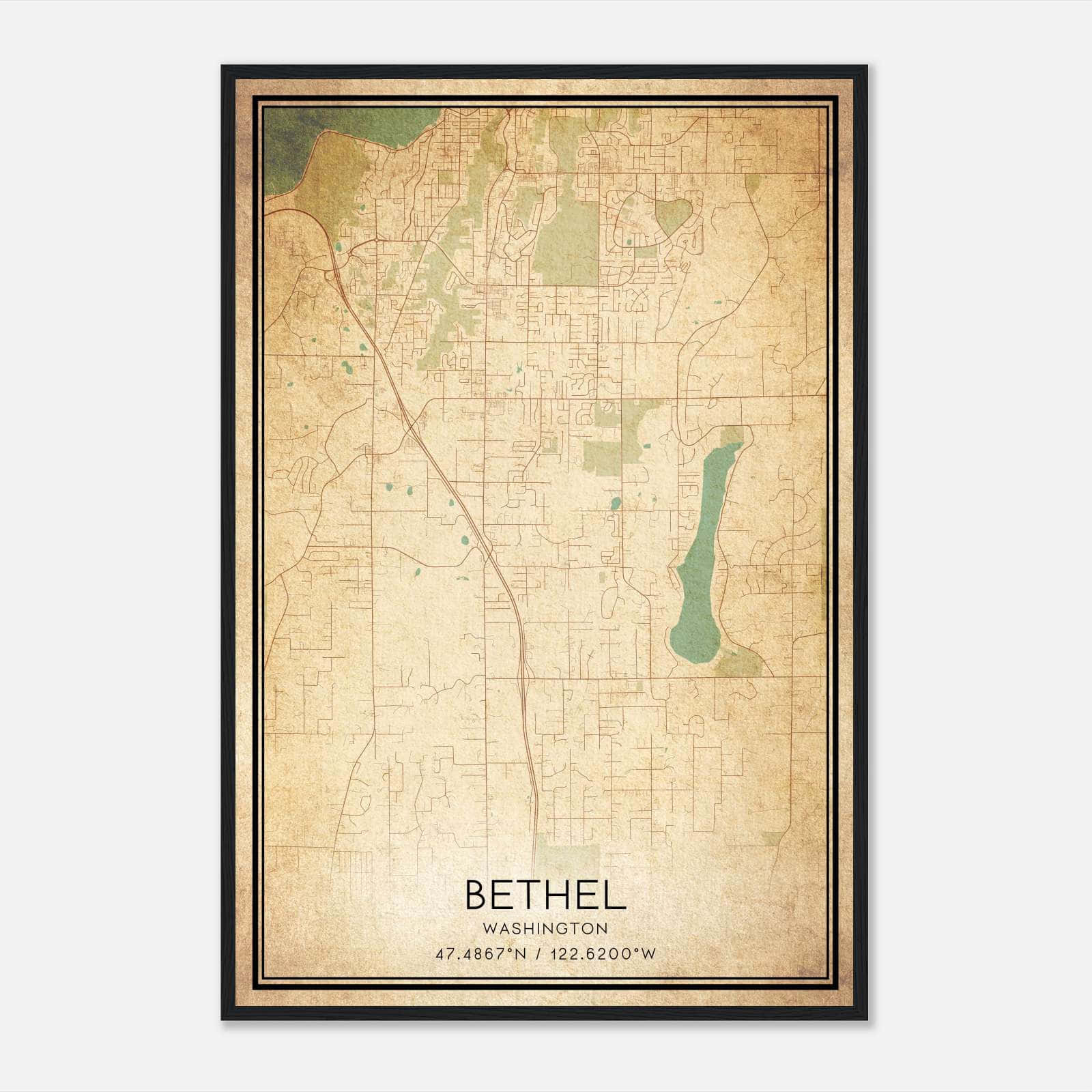 Vintage Bethel Washington Map Poster, Bethel WA City Road Wall Art ...