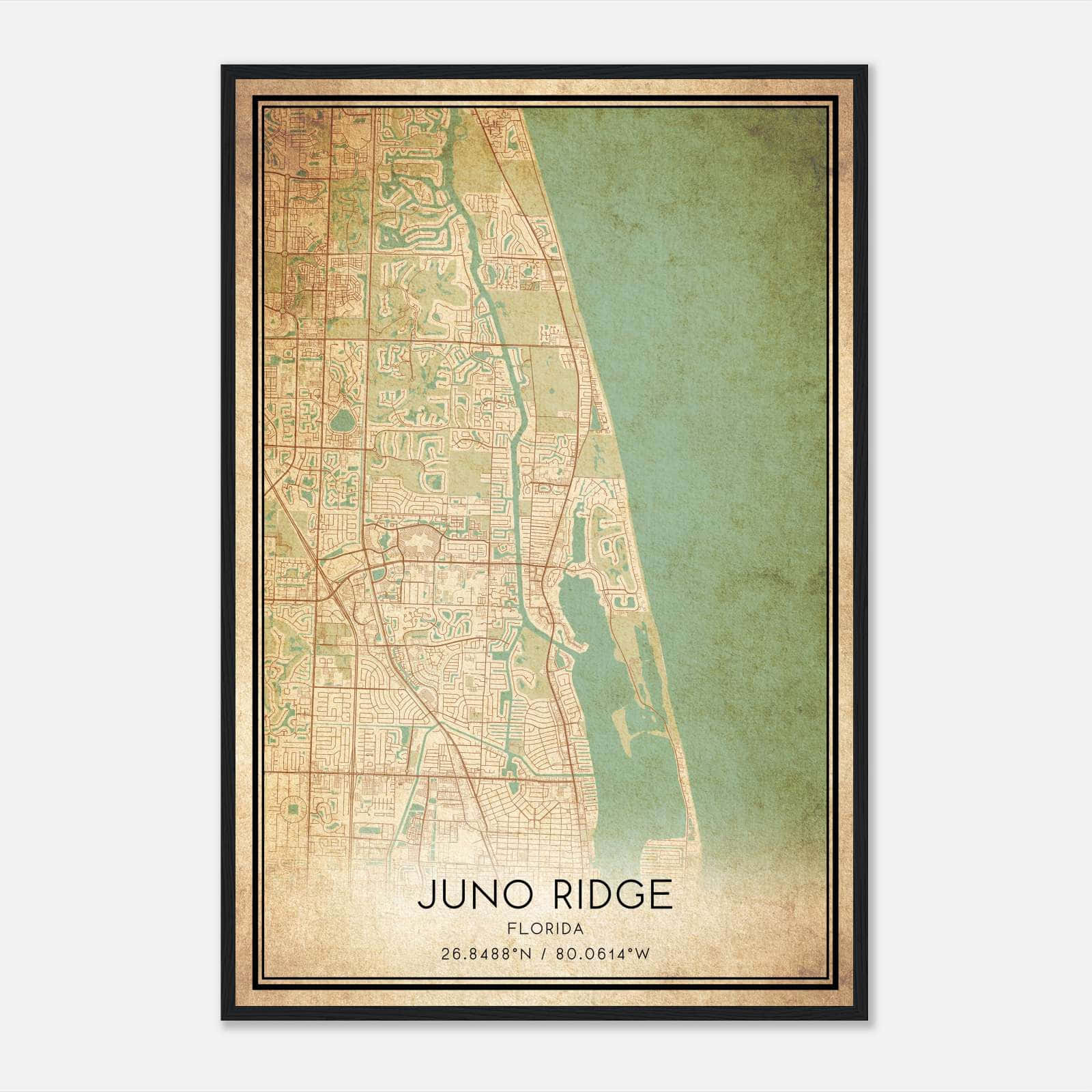 Vintage Juno Ridge Florida Map Poster, Juno Ridge FL City Road Wall Art ...