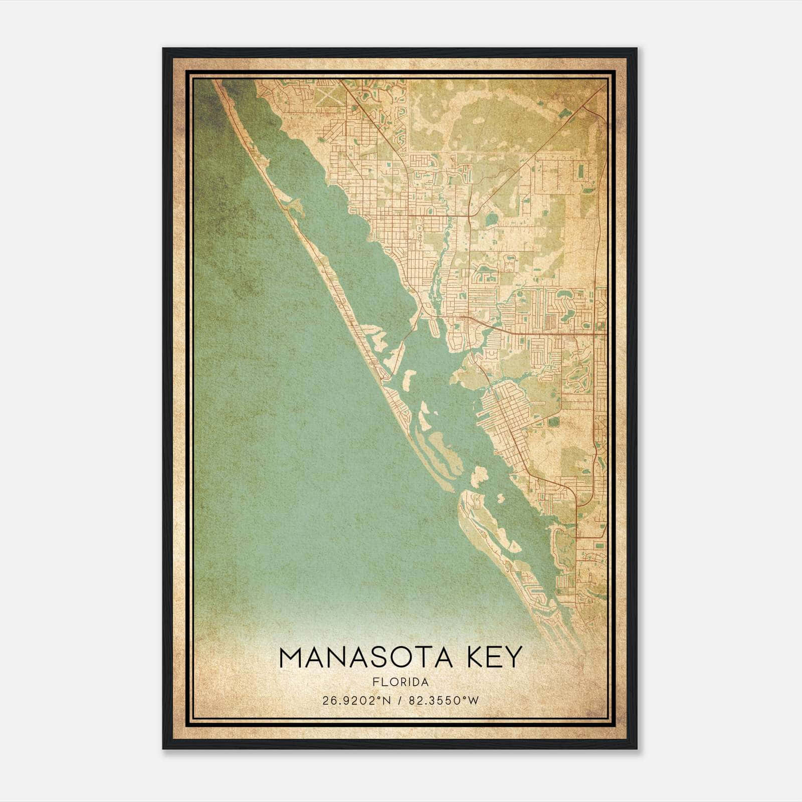 Vintage Manasota Key Florida Map Poster, Manasota Key FL City Road Wall ...