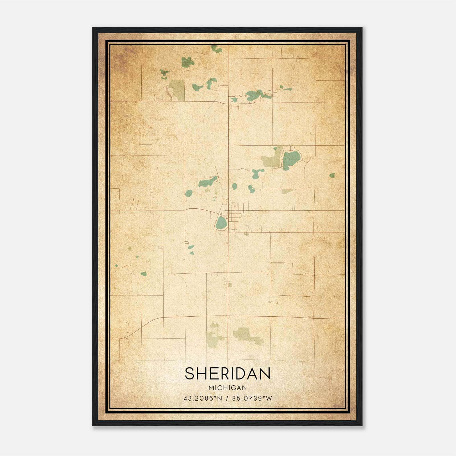 Vintage Sheridan Michigan Map Poster, Sheridan MI City Road Wall Art ...