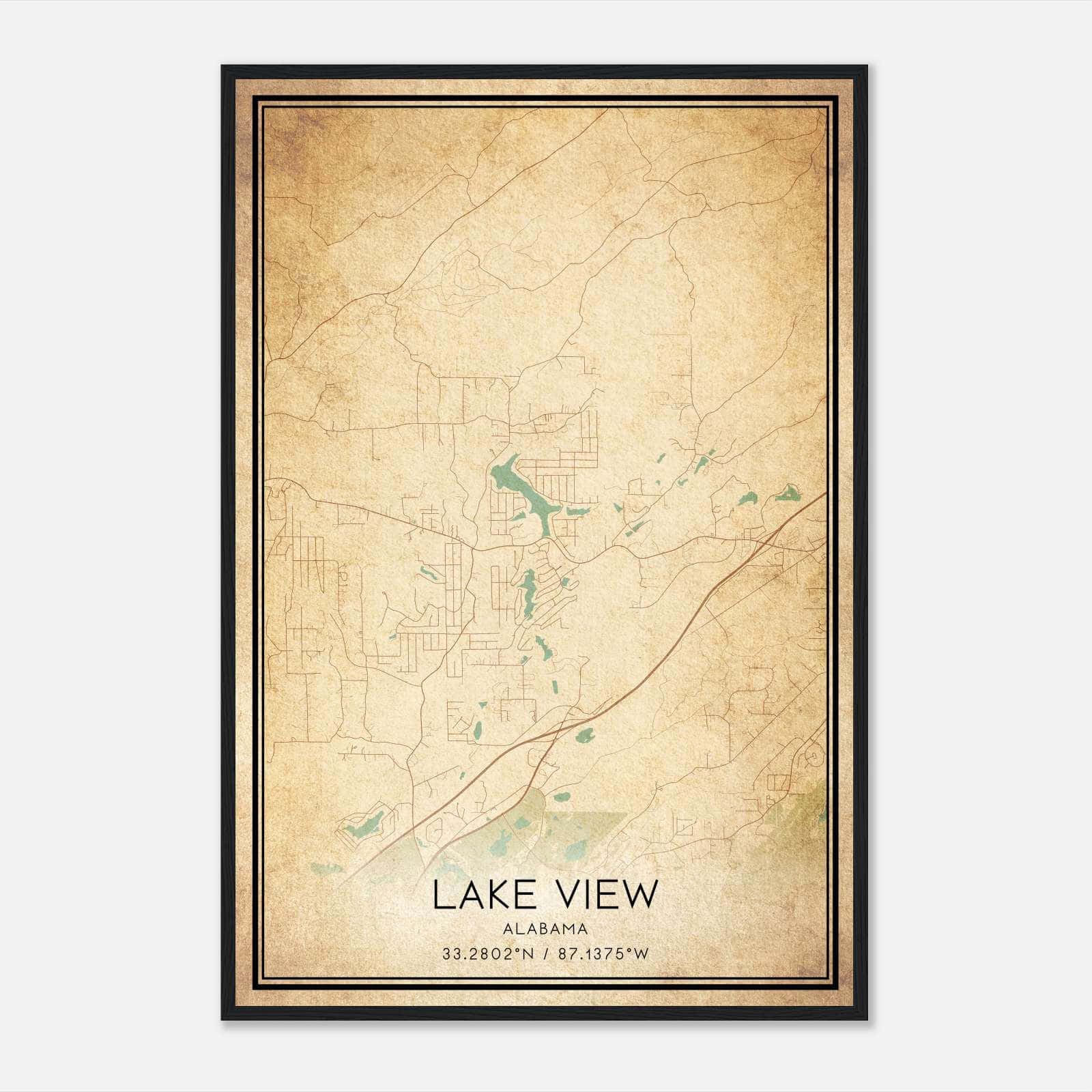 Vintage Lake View Alabama Map Poster, Lake View AL City Road Wall Art ...