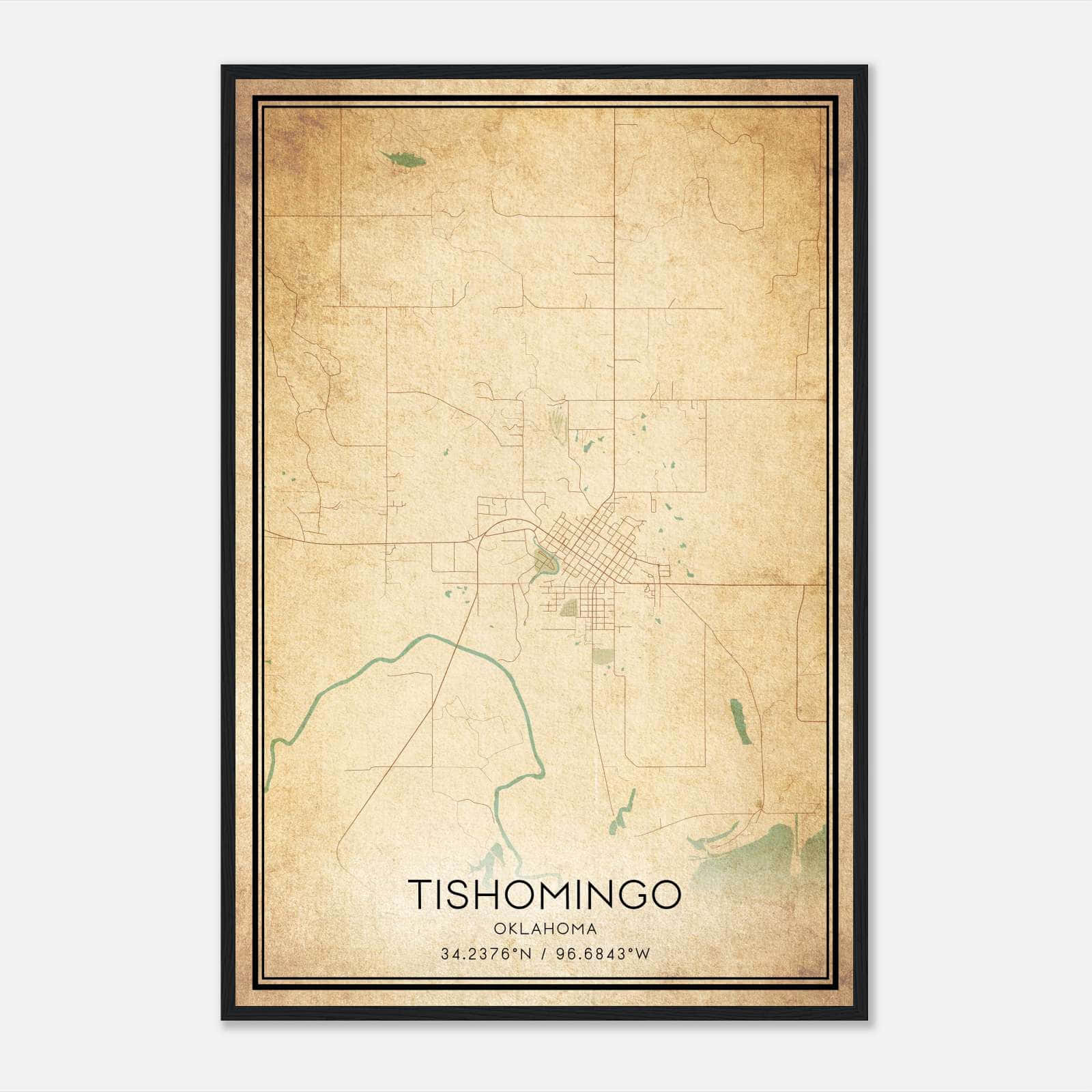 Vintage Tishomingo Oklahoma Map Poster, Tishomingo OK City Road Wall ...