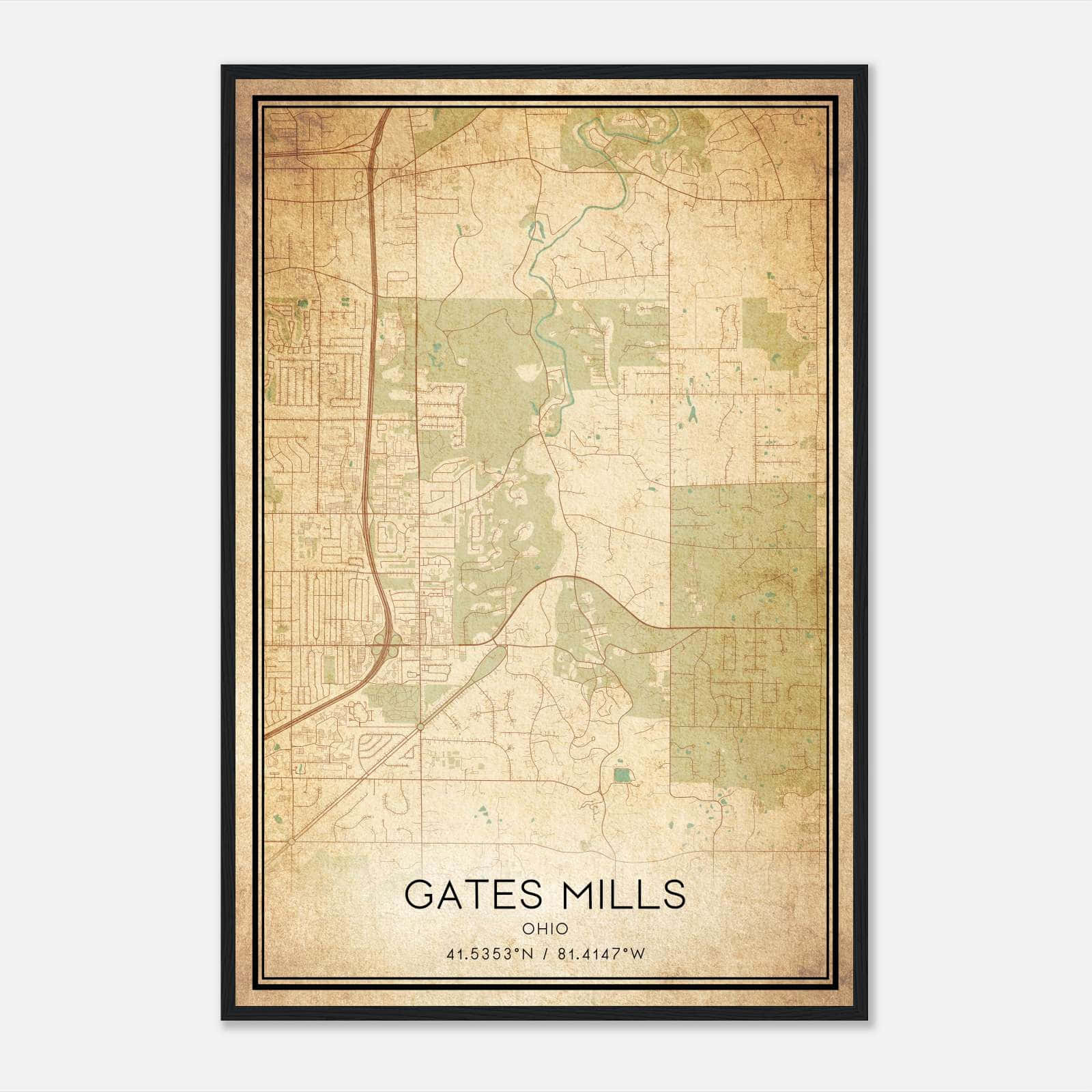 Vintage Gates Mills Ohio Map Poster, Gates Mills OH City Road Wall Art ...