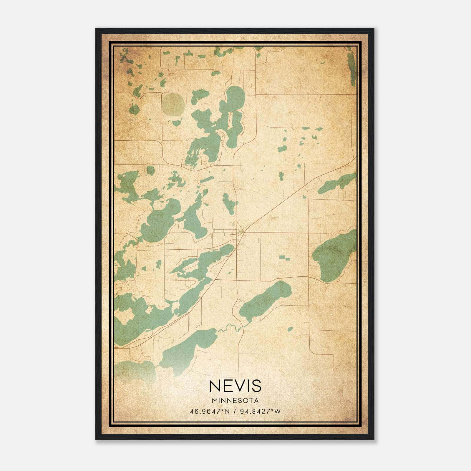Vintage Nevis Minnesota Map Poster, Nevis MN City Road Wall Art Print ...