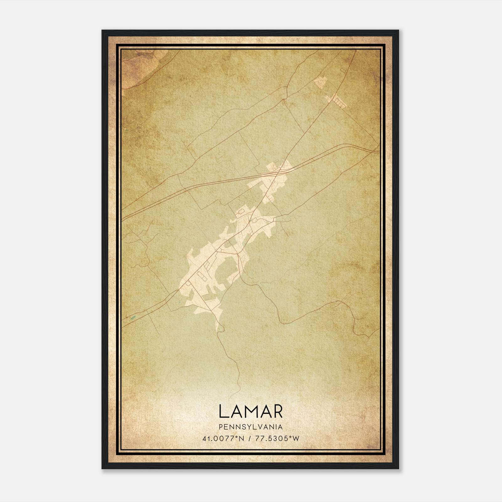 Vintage Lamar Pennsylvania Map Poster, Lamar PA City Road Wall Art ...