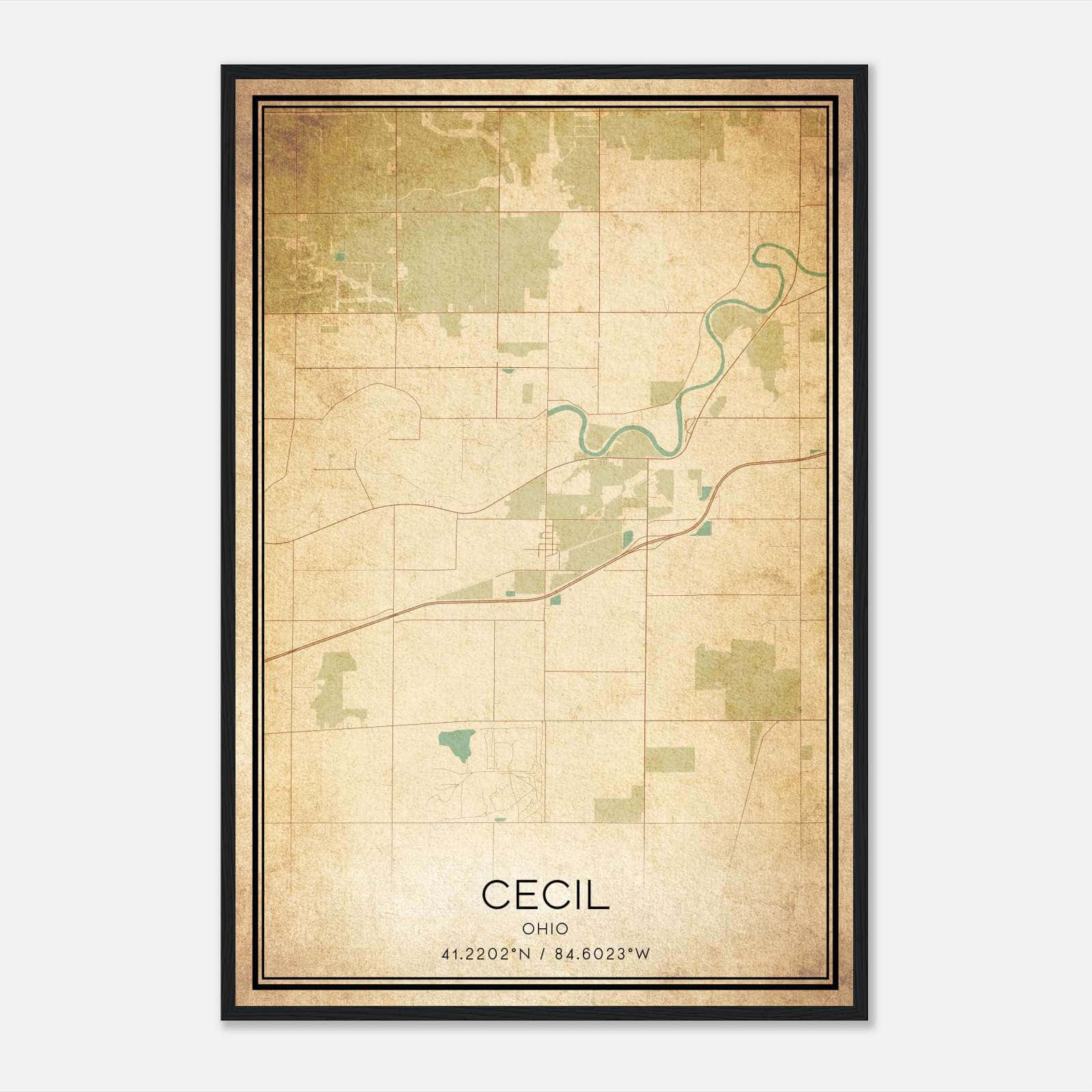 Vintage Cecil Ohio Map Poster, Cecil OH City Road Wall Art Print ...