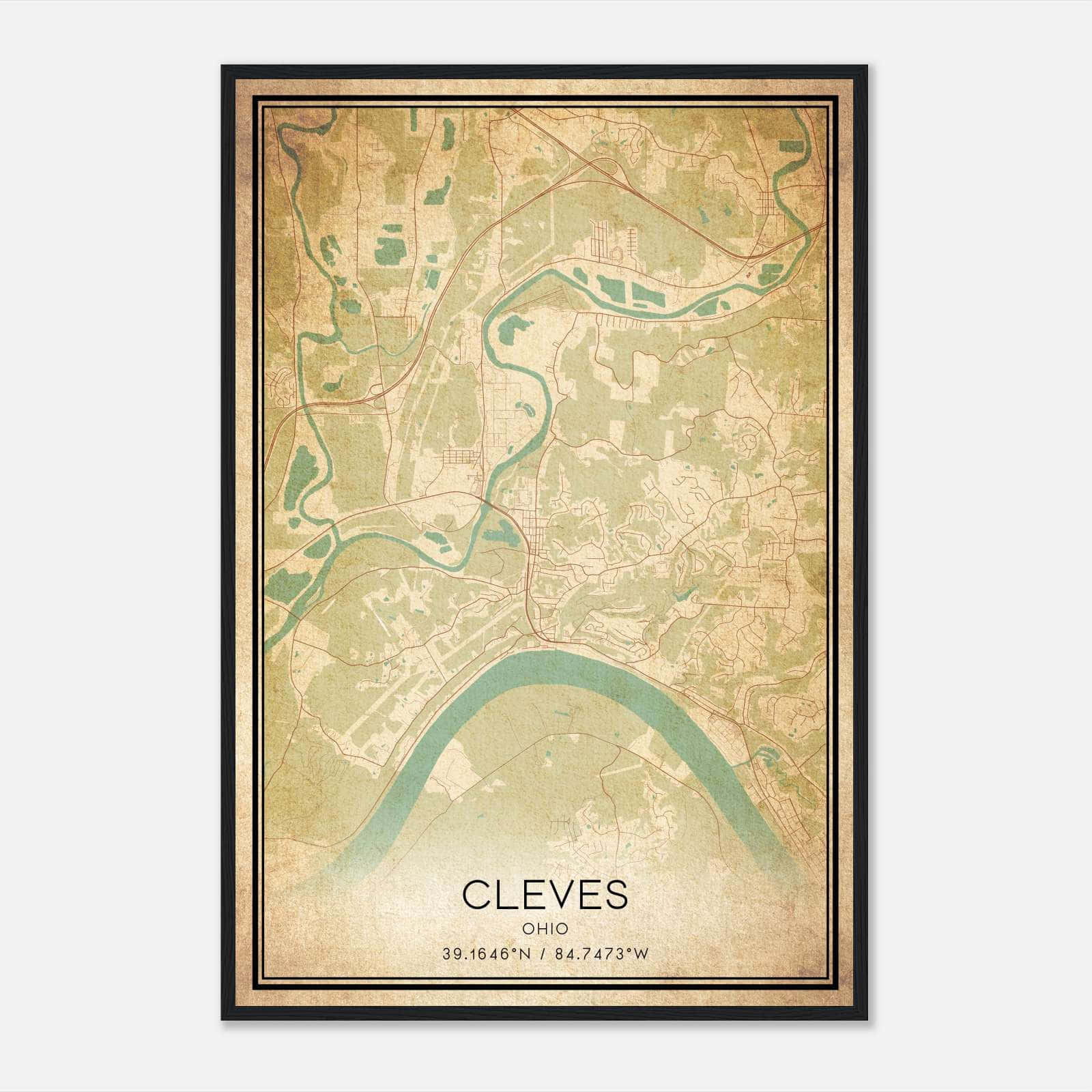 Vintage Cleves Ohio Map Poster, Cleves OH City Road Wall Art Print ...