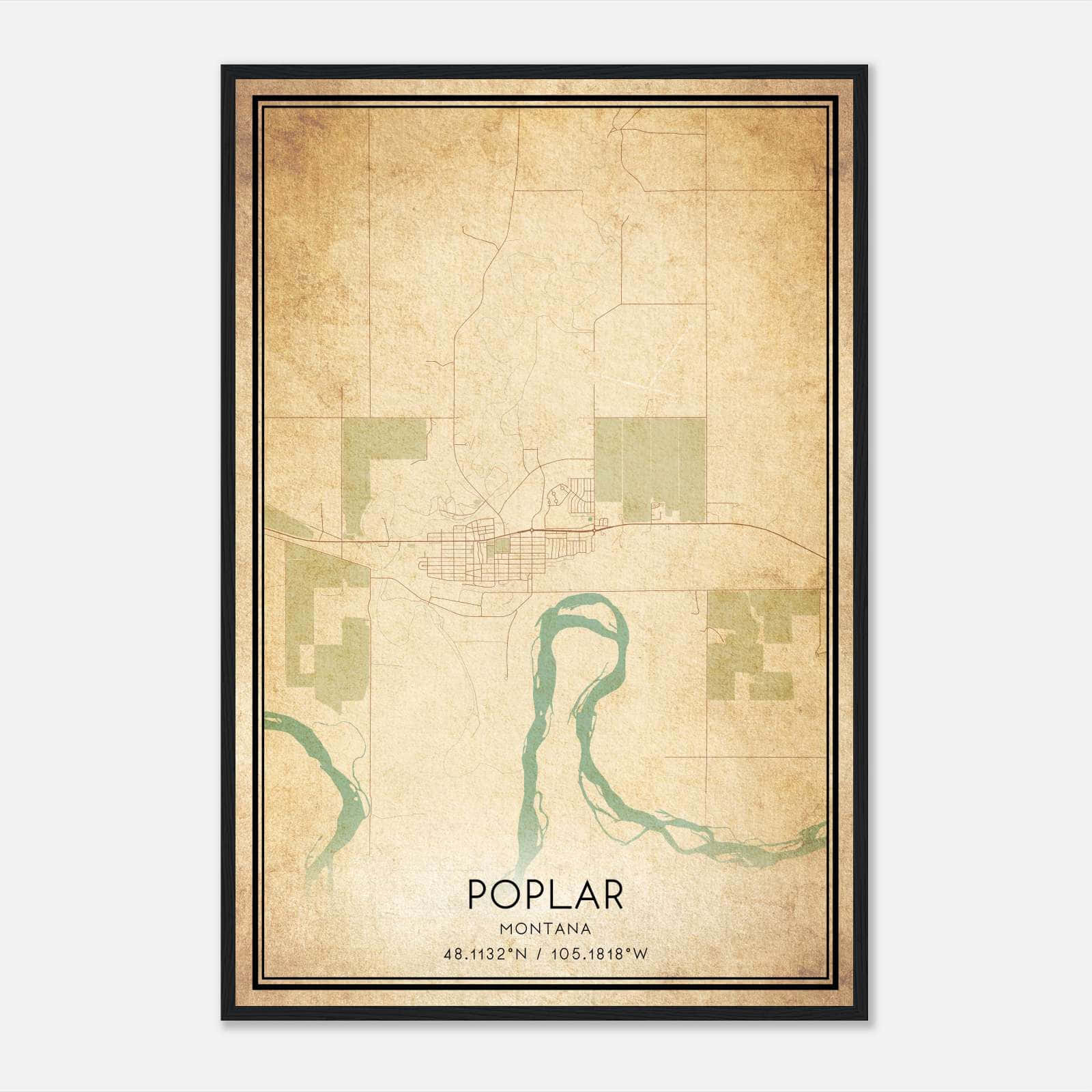 Vintage Poplar Montana Map Poster, Poplar MT City Road Wall Art Print - Custom Maps & Posters