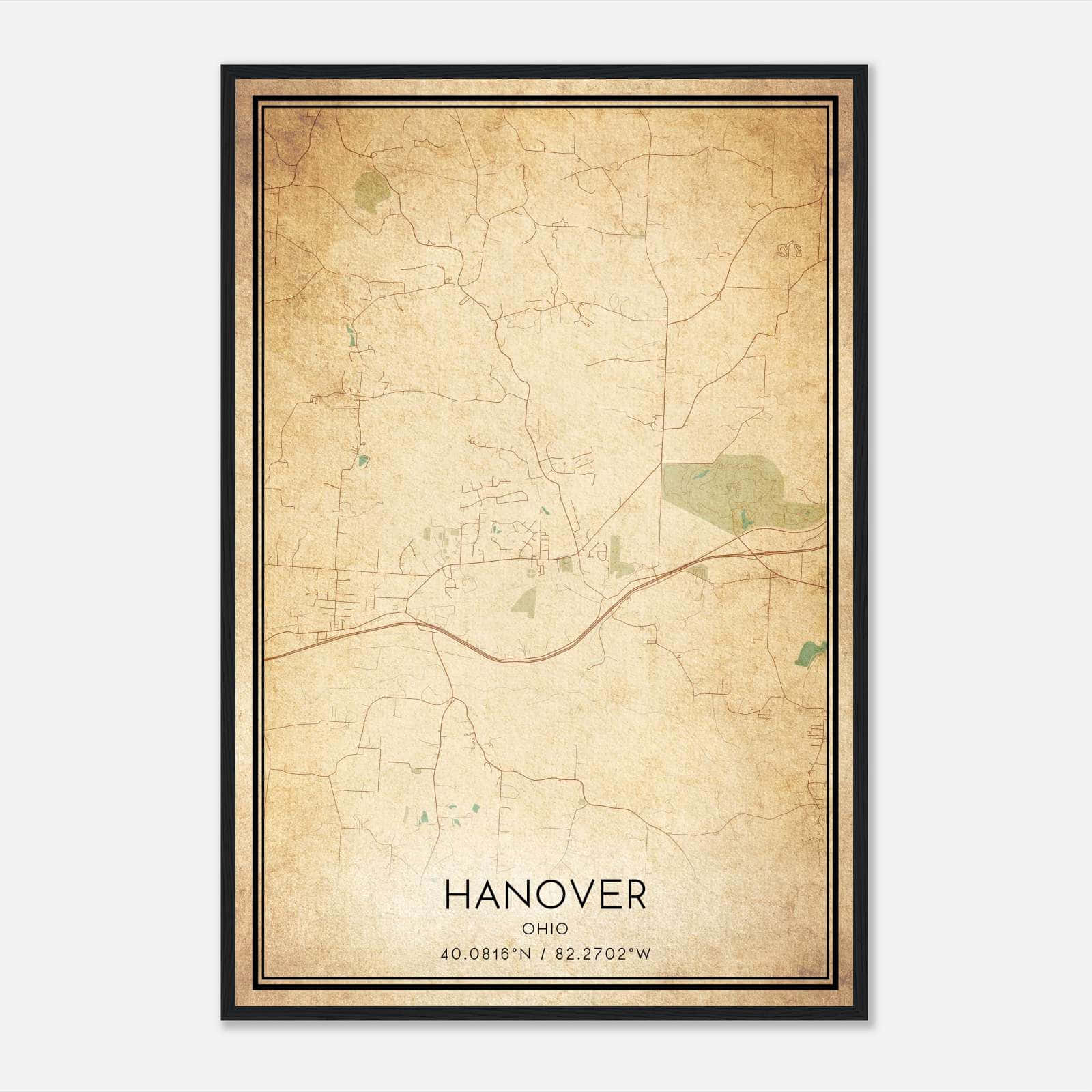 Vintage Hanover Ohio Map Poster, Hanover OH City Road Wall Art Print ...
