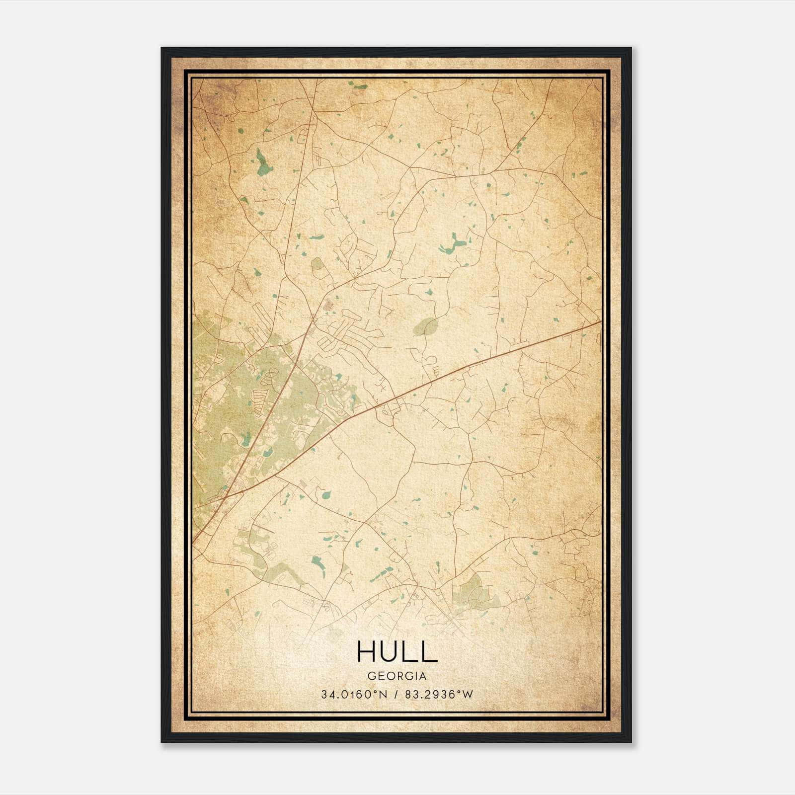 Vintage Hull Georgia Map Poster, Hull GA City Road Wall Art Print ...
