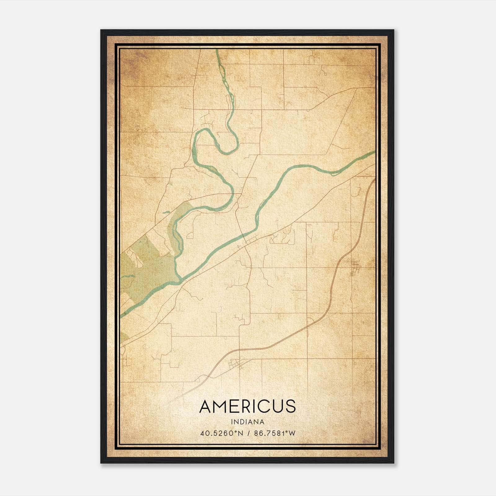 Vintage Americus Indiana Map Poster, Americus IN City Road Wall Art ...