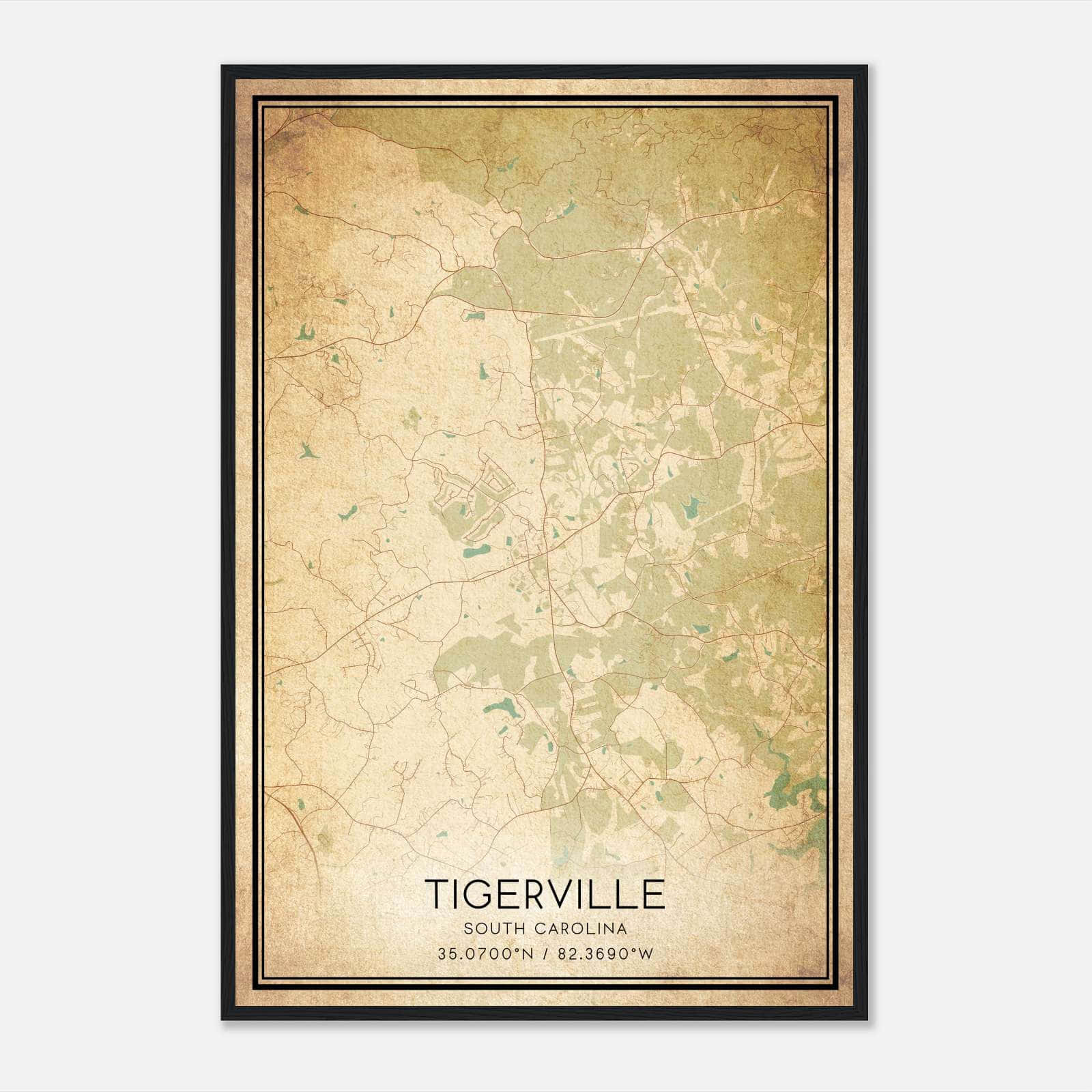 Vintage Tigerville South Carolina Map Poster, Tigerville SC City Road ...