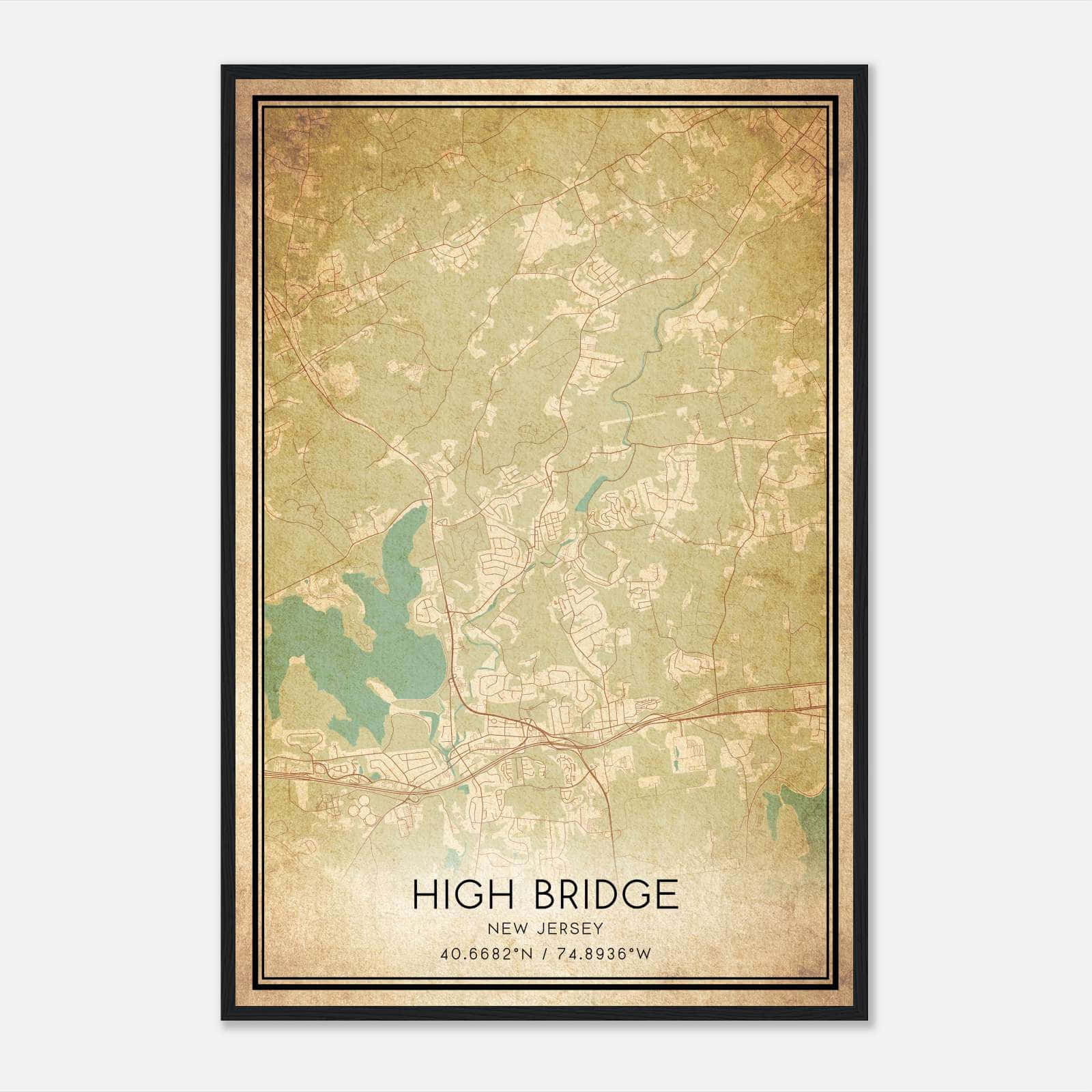 Vintage High Bridge New Jersey Map Poster, High Bridge NJ City Road ...