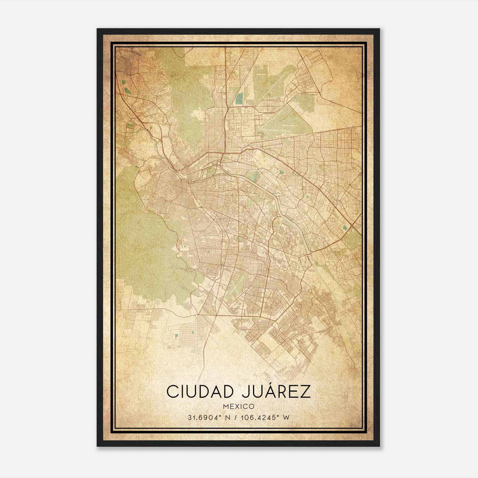 Vintage Ciudad Juarez Mexico Map Poster, Ciudad Juarez City Road Wall ...