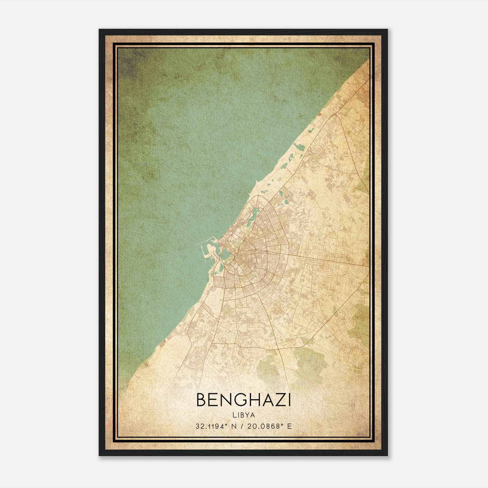 Vintage Benghazi Libya Map Poster, Benghazi City Road Wall Art Print ...