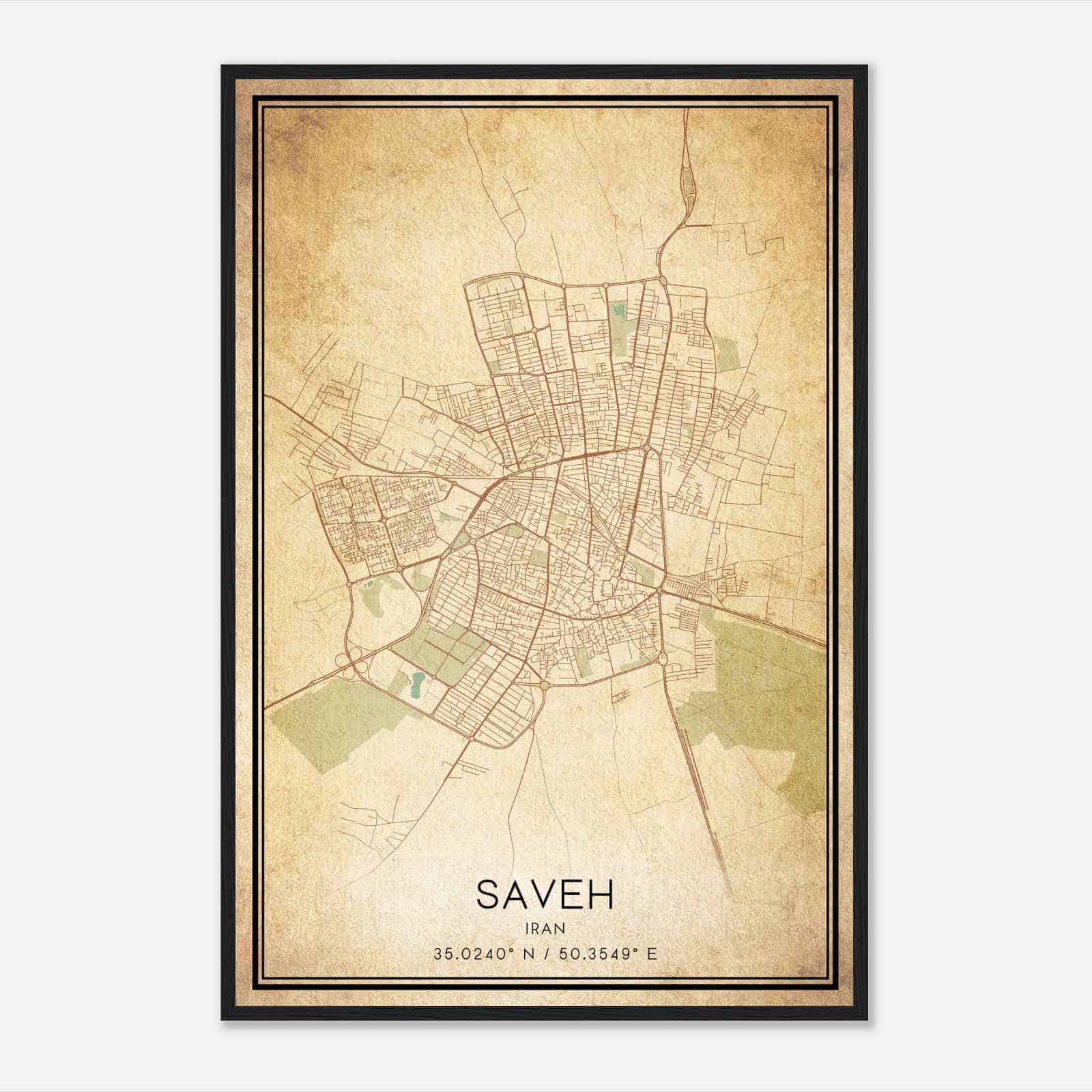 Vintage Saveh Iran Map Poster, Saveh City Road Wall Art Print - Custom ...