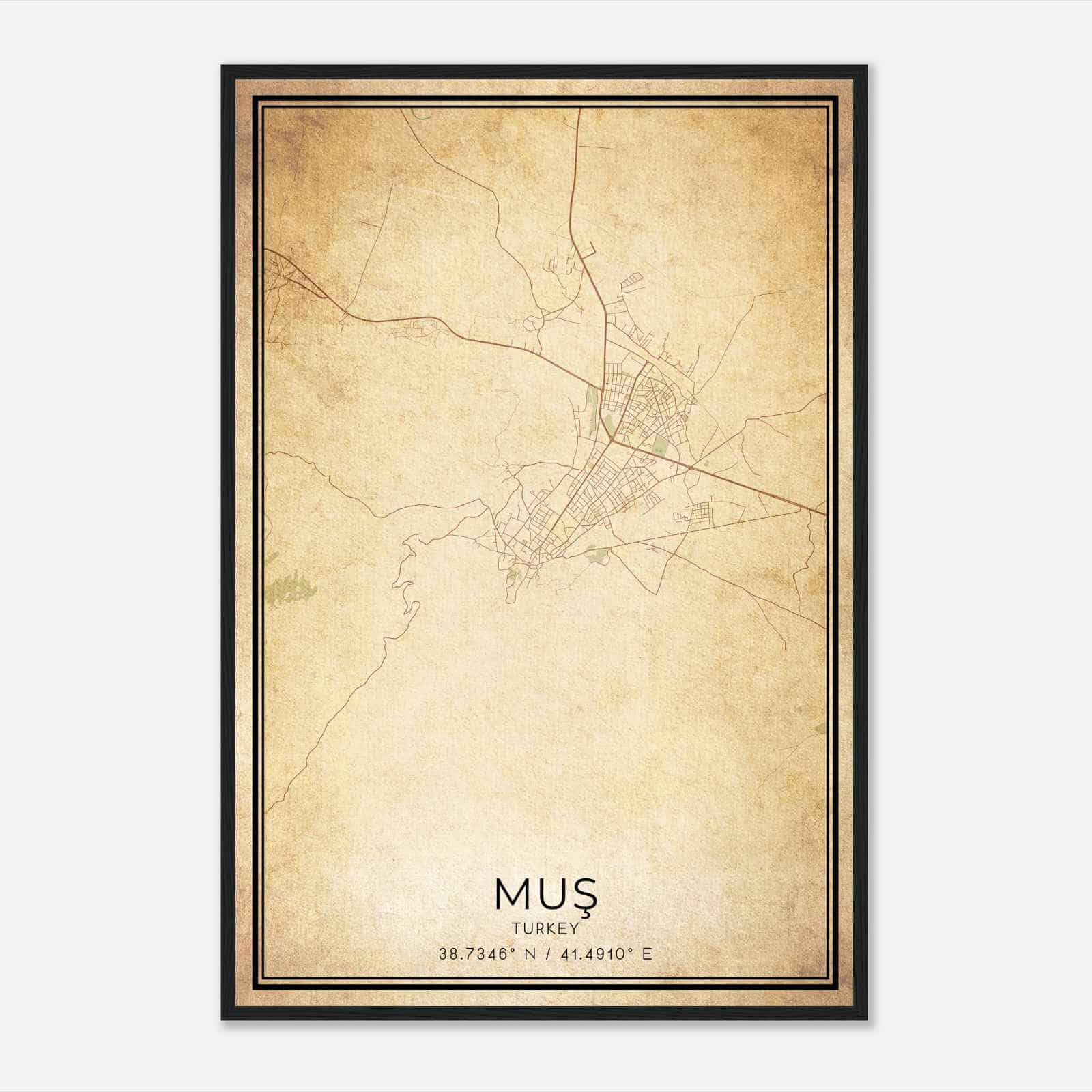 Vintage Mus Turkey Map Poster, Mus City Road Wall Art Print - Custom ...