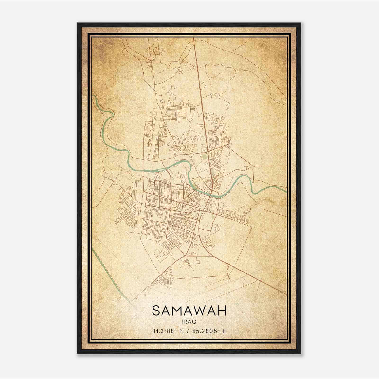 Vintage Samawah Iraq Map Poster, Samawah City Road Wall Art Print ...
