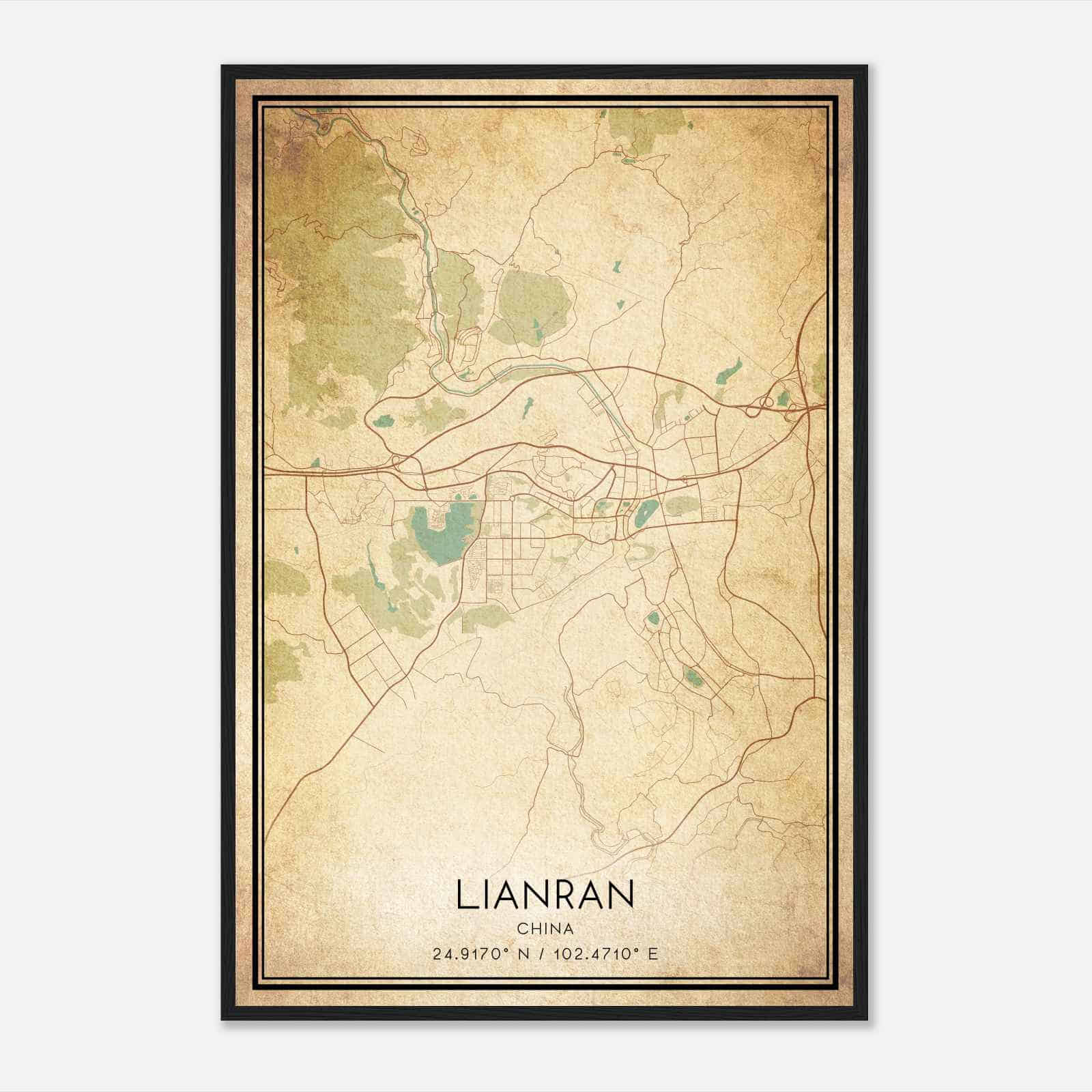 Vintage Lianran China Map Poster, Lianran City Road Wall Art Print - Custom Maps & Posters