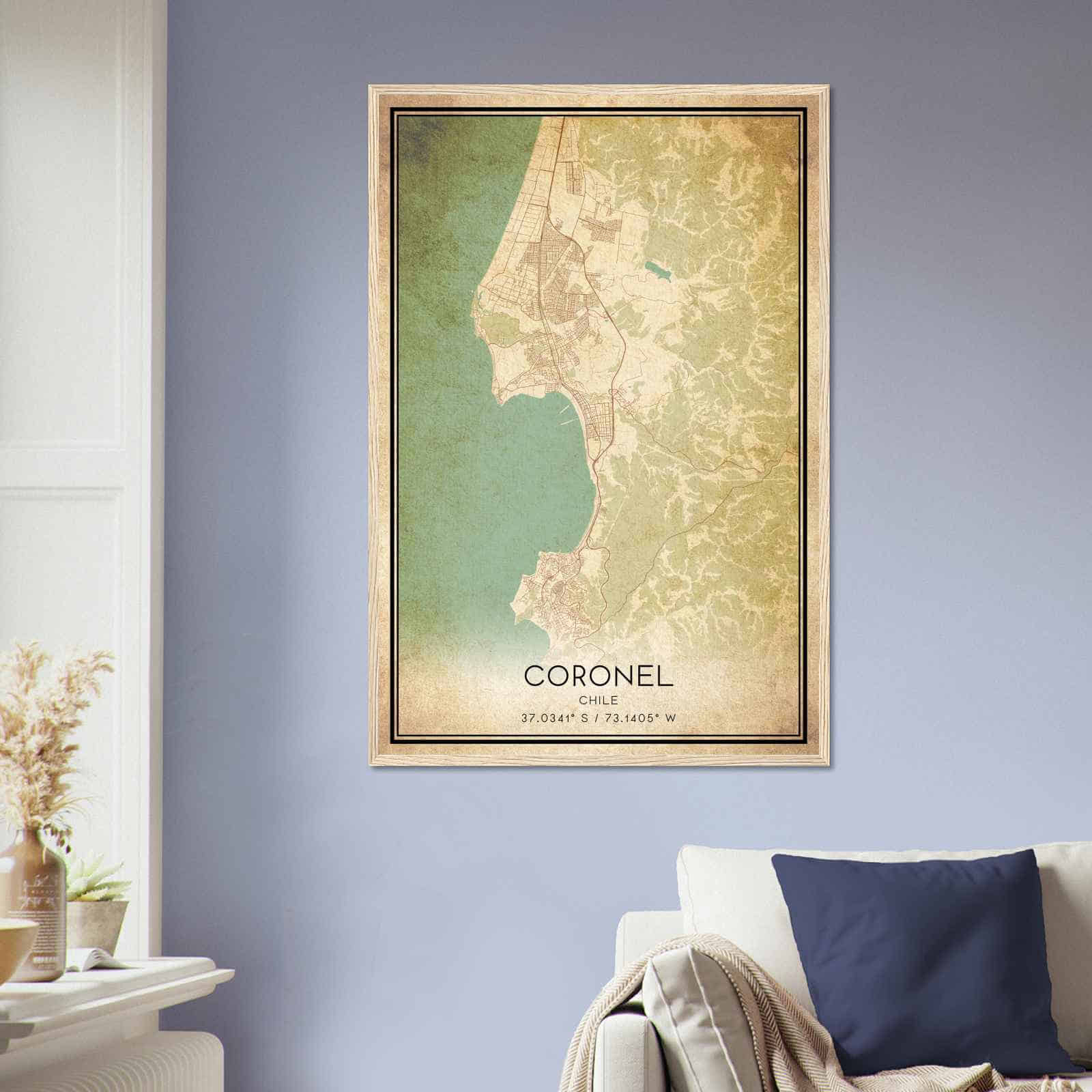 Vintage Coronel Chile Map Poster, Coronel City Road Wall Art Print ...