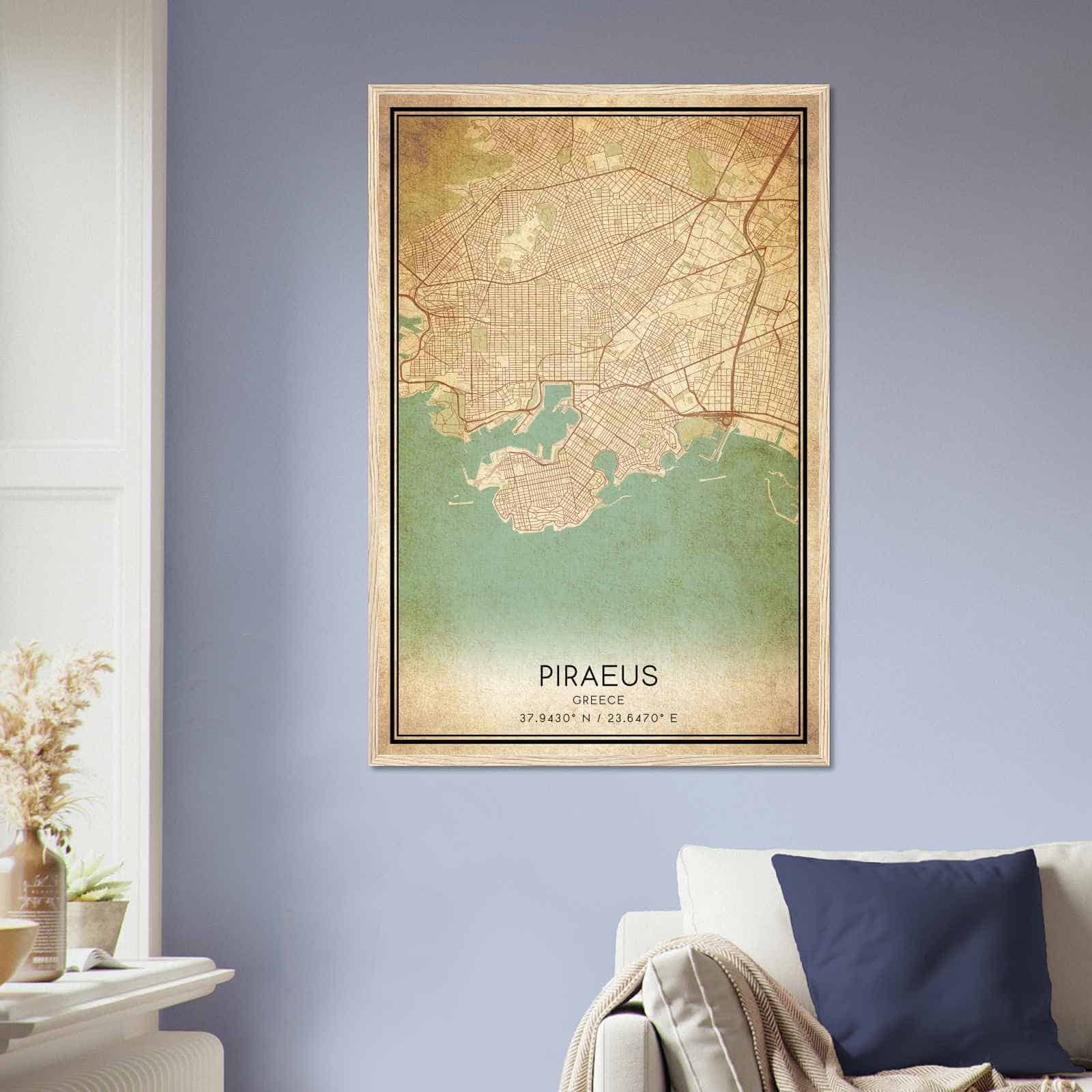 Vintage Piraeus Greece Map Poster, Piraeus City Road Wall Art Print ...