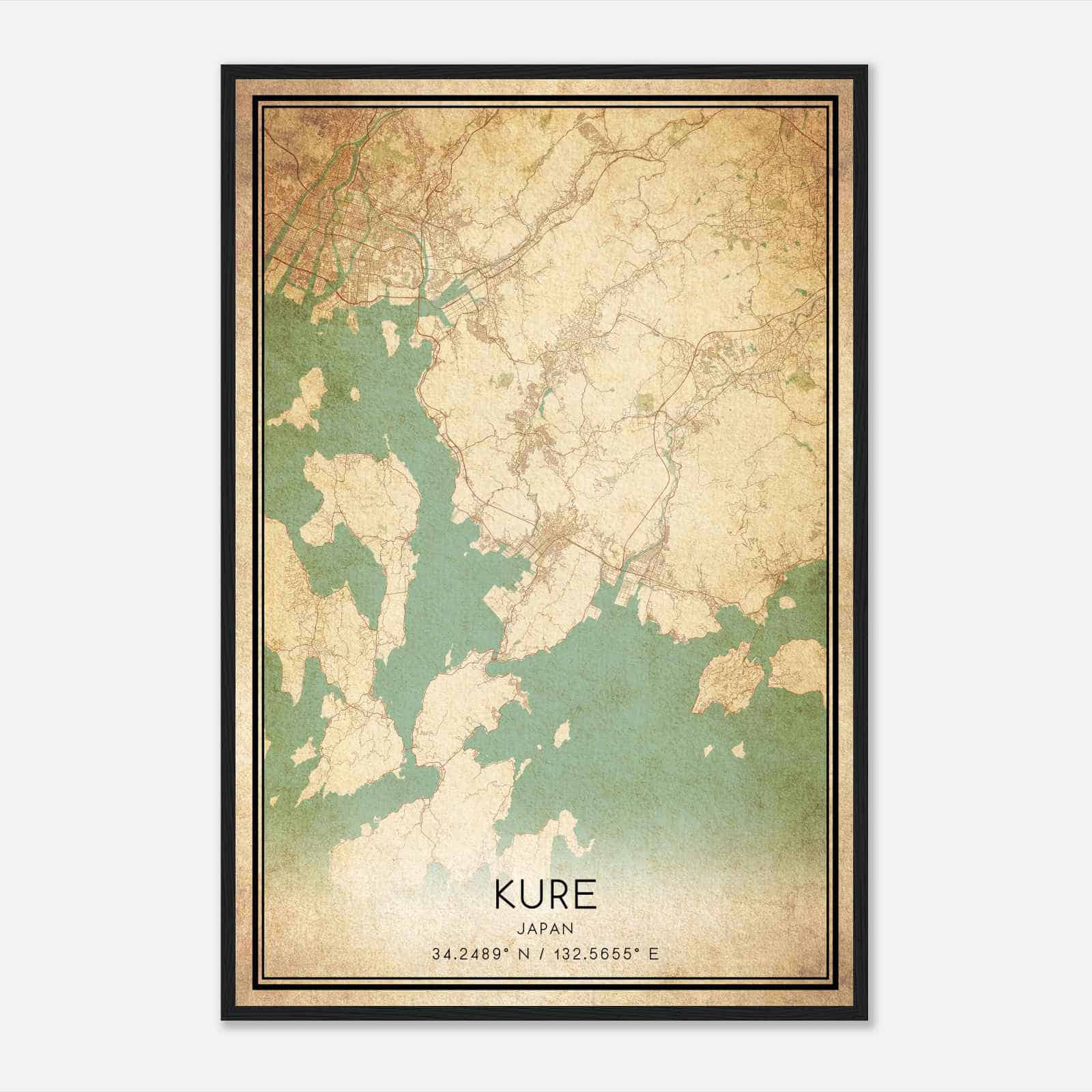 Vintage Kure Japan Map Poster, Kure City Road Wall Art Print - Custom ...