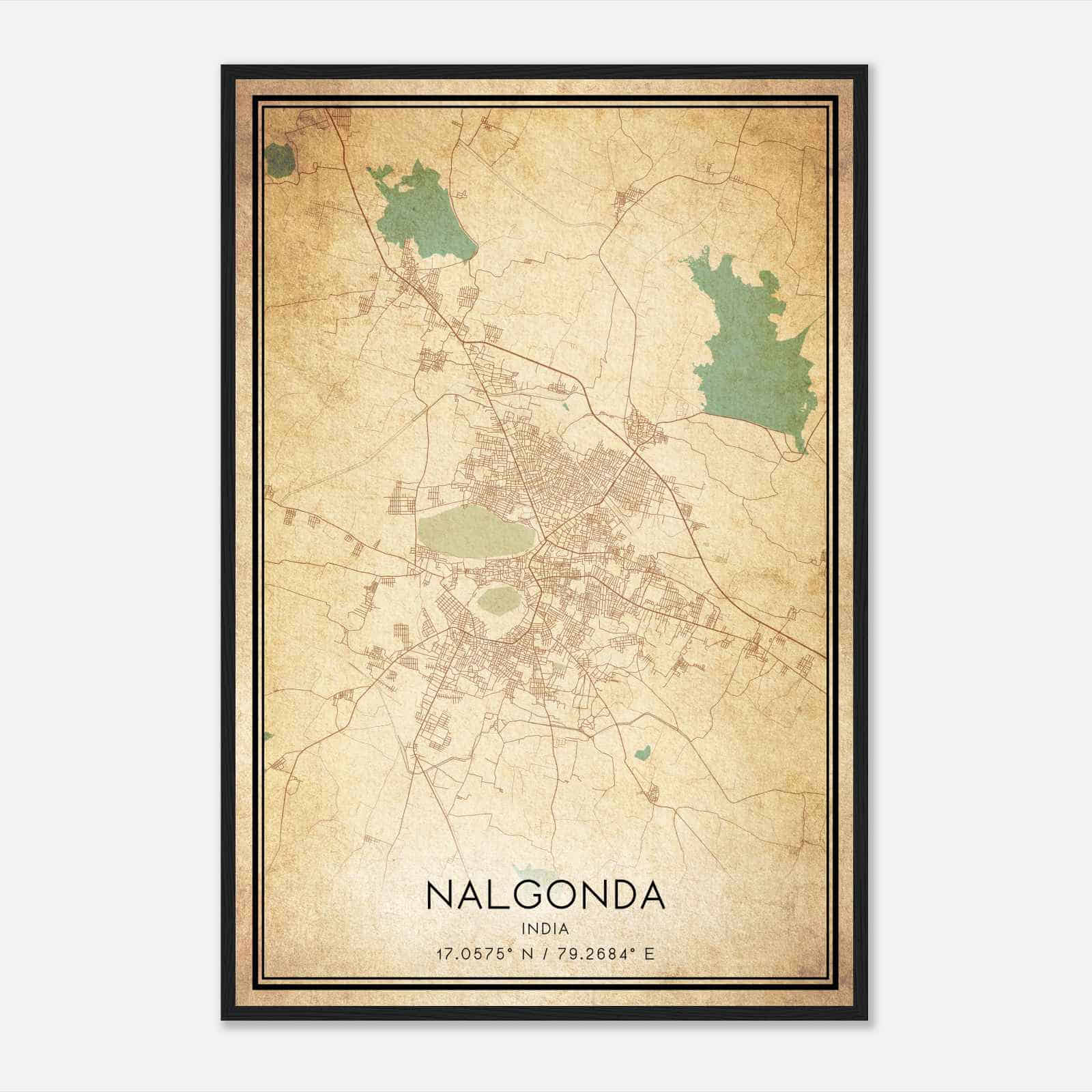 Vintage Nalgonda India Map Poster, Nalgonda City Road Wall Art Print ...