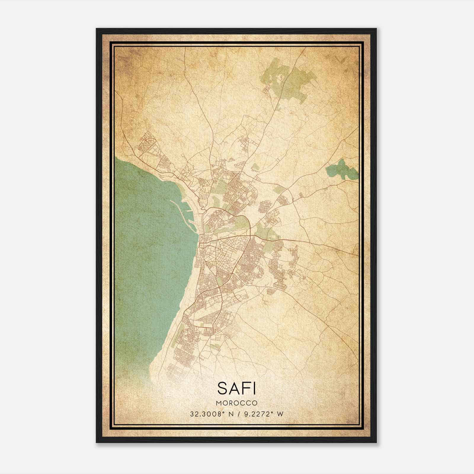 Vintage Safi Morocco Map Poster, Safi City Road Wall Art Print - Custom ...