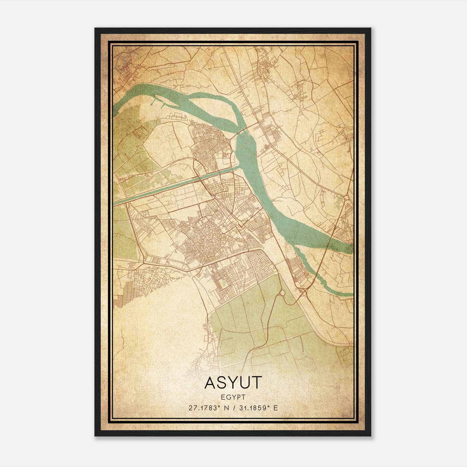 Vintage Asyut Egypt Map Poster, Asyut City Road Wall Art Print - Custom Maps & Posters