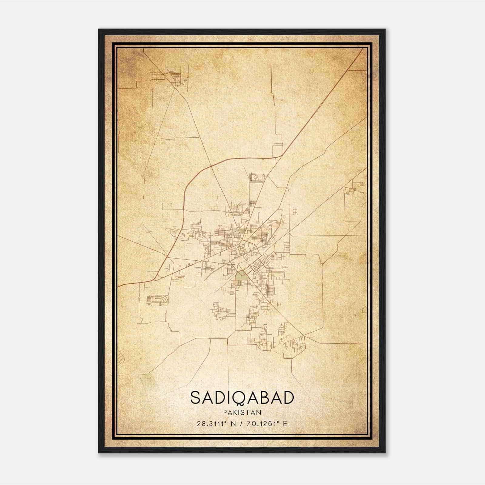 Vintage Sadiqabad Pakistan Map Poster, Sadiqabad City Road Wall Art ...