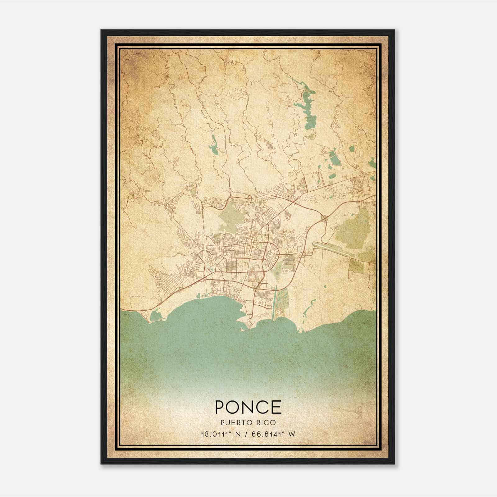 Vintage Ponce Puerto Rico Map Poster, Ponce City Road Wall Art Print ...