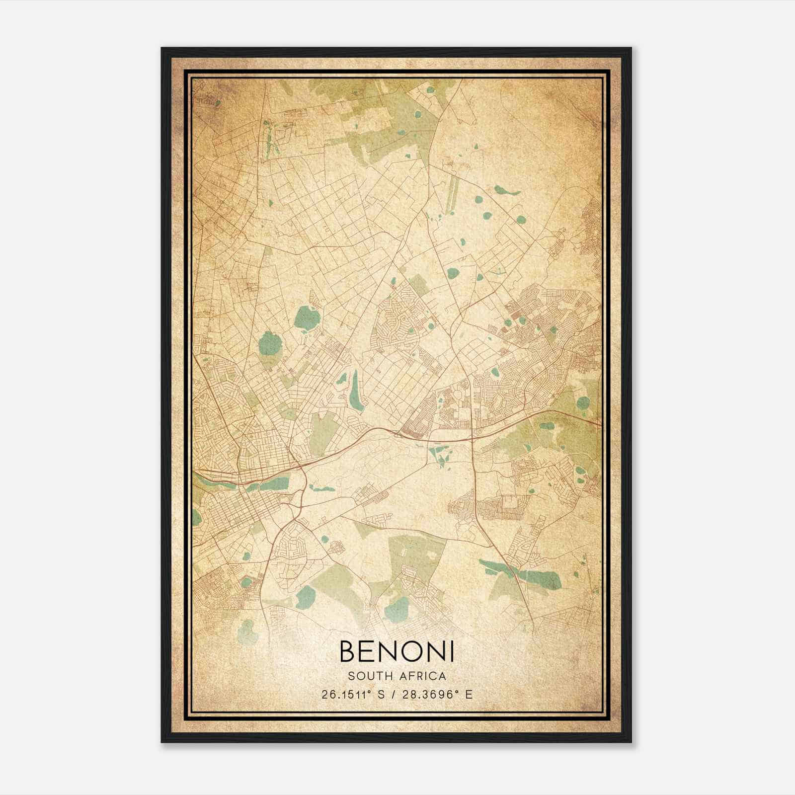 Vintage Benoni South Africa Map Poster, Benoni City Road Wall Art Print ...